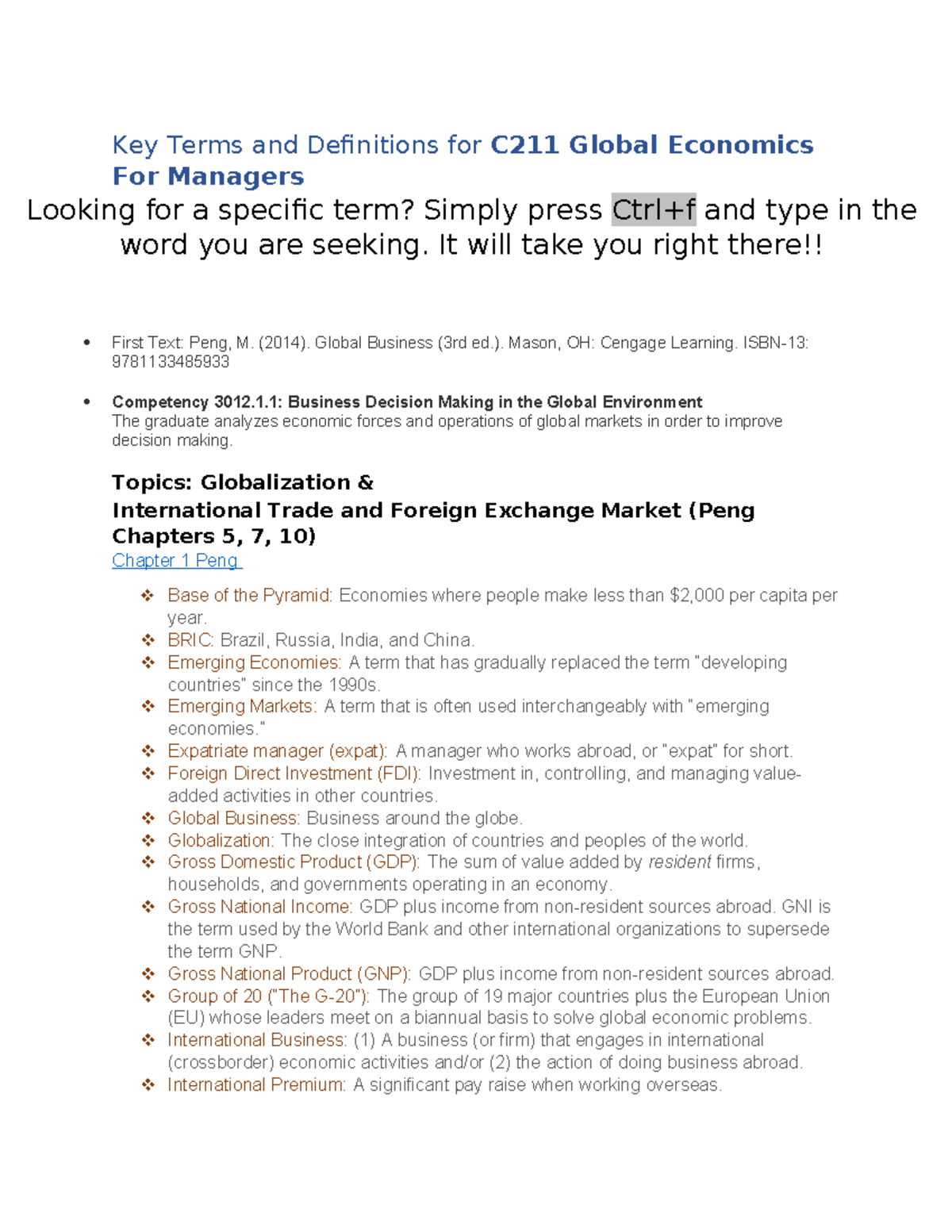 KEY Terms ALL - Key Terms and Definitions for C211 Global Economics For ...