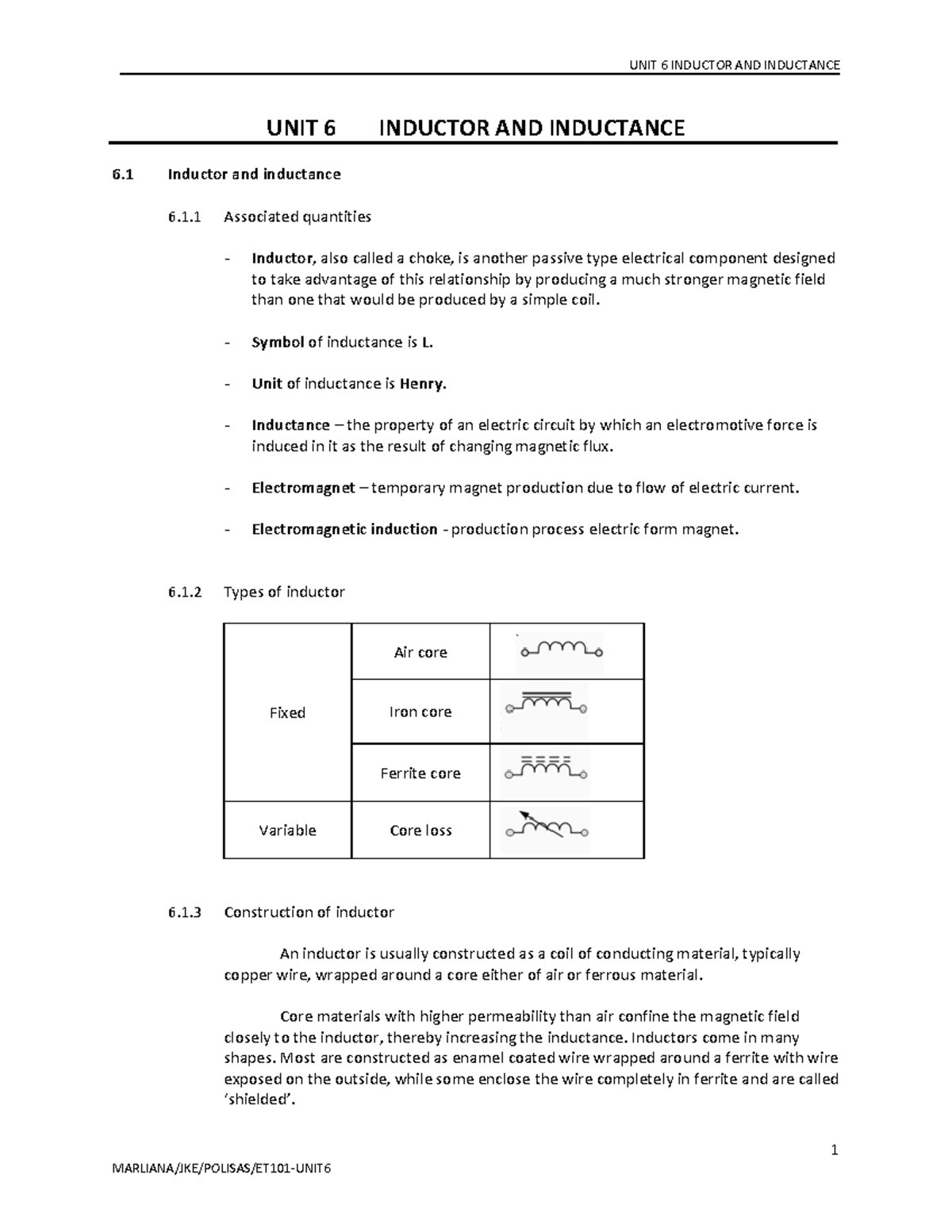 Unit 6 inductor and inductance - 1 UNIT 6 INDUCTOR AND INDUCTANCE 6 ...