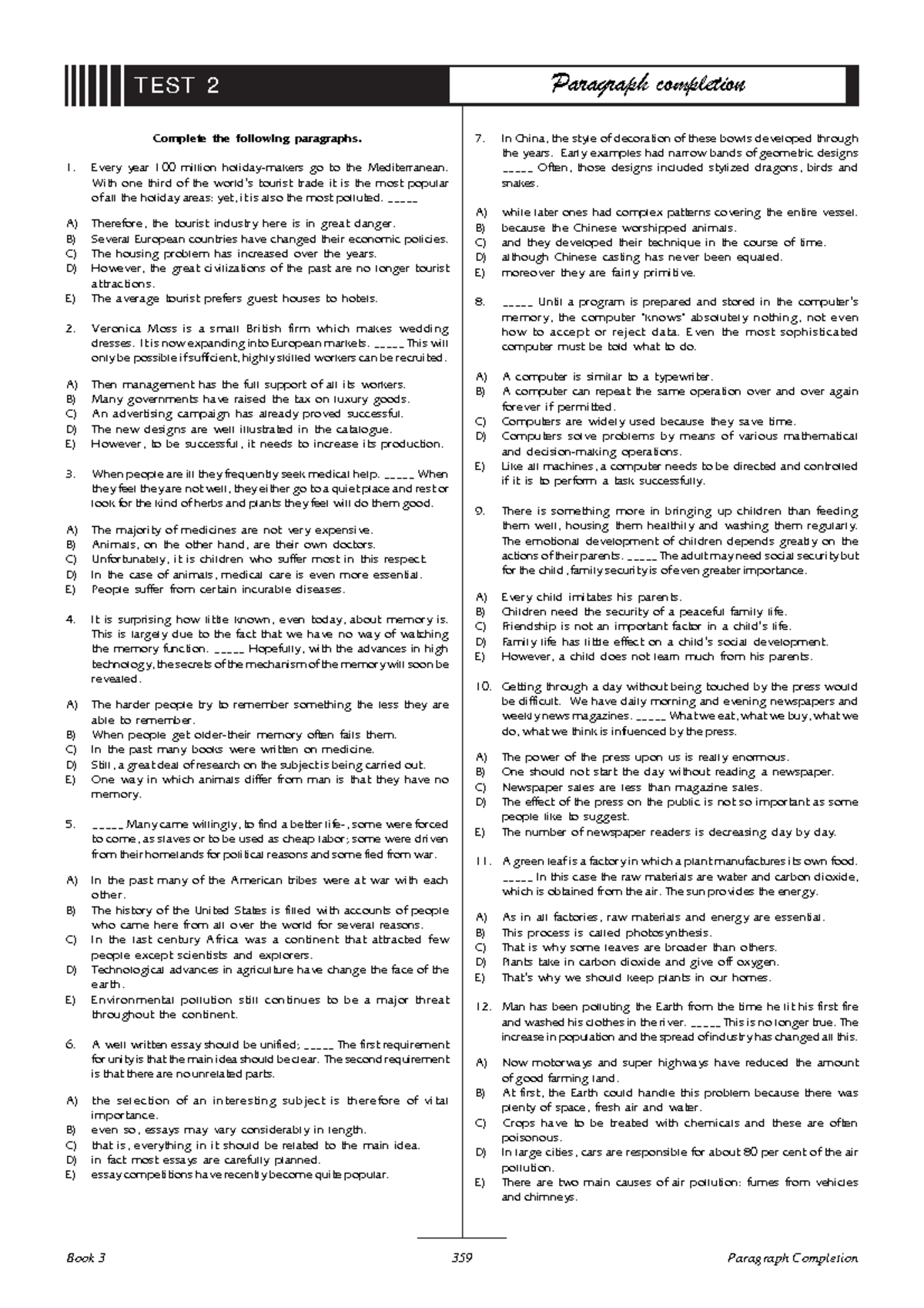 Paragraph completion test and answer key - Complete the following ...