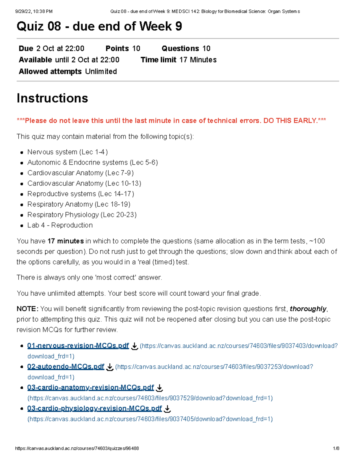 Quiz 8 medsci 142 - week 9 - Medical Sciences - AucklandUni - StuDocu