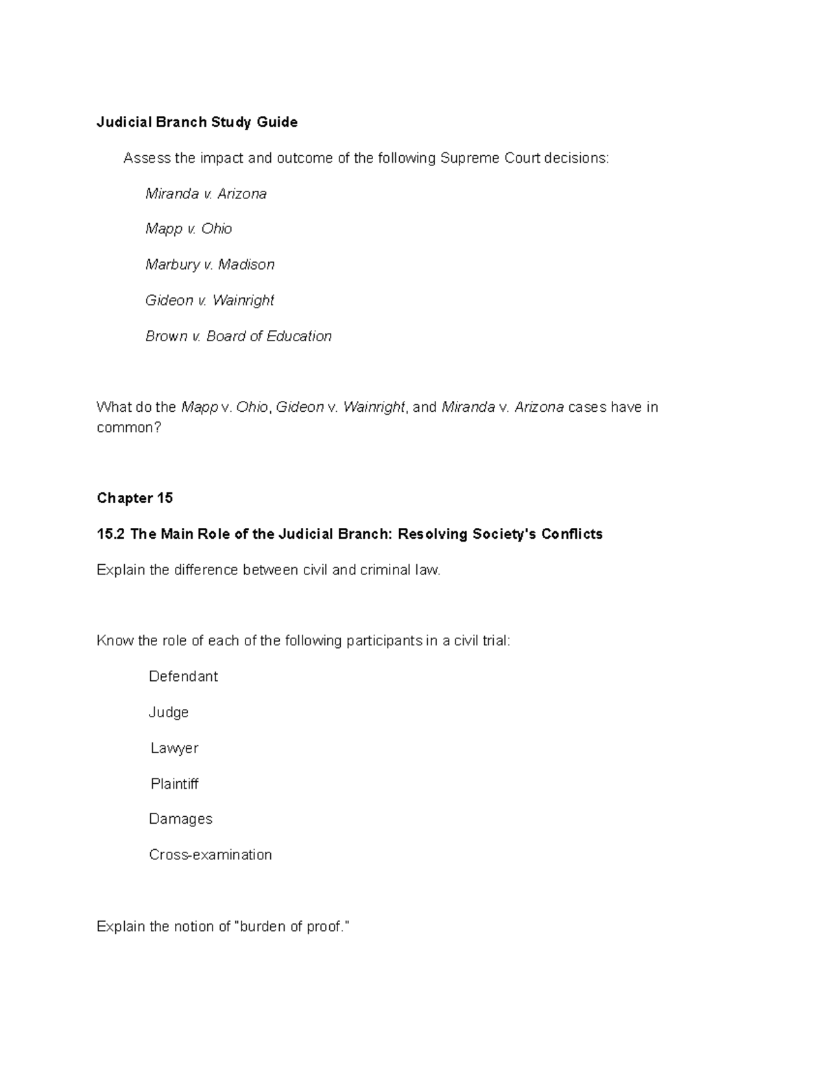 Judicial Branch Study Guide - Judicial Branch Study Guide Assess the ...