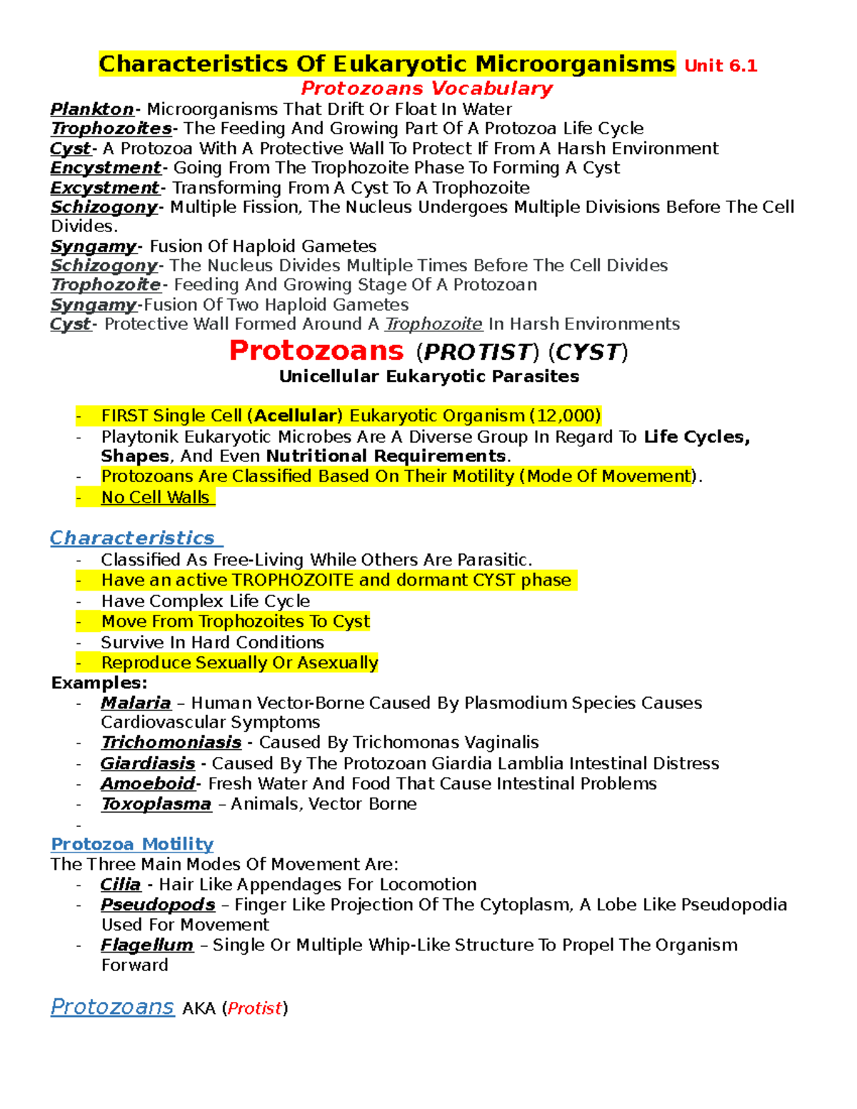 Mirco Unit 6 notes - Characteristics Of Eukaryotic Microorganisms Unit ...