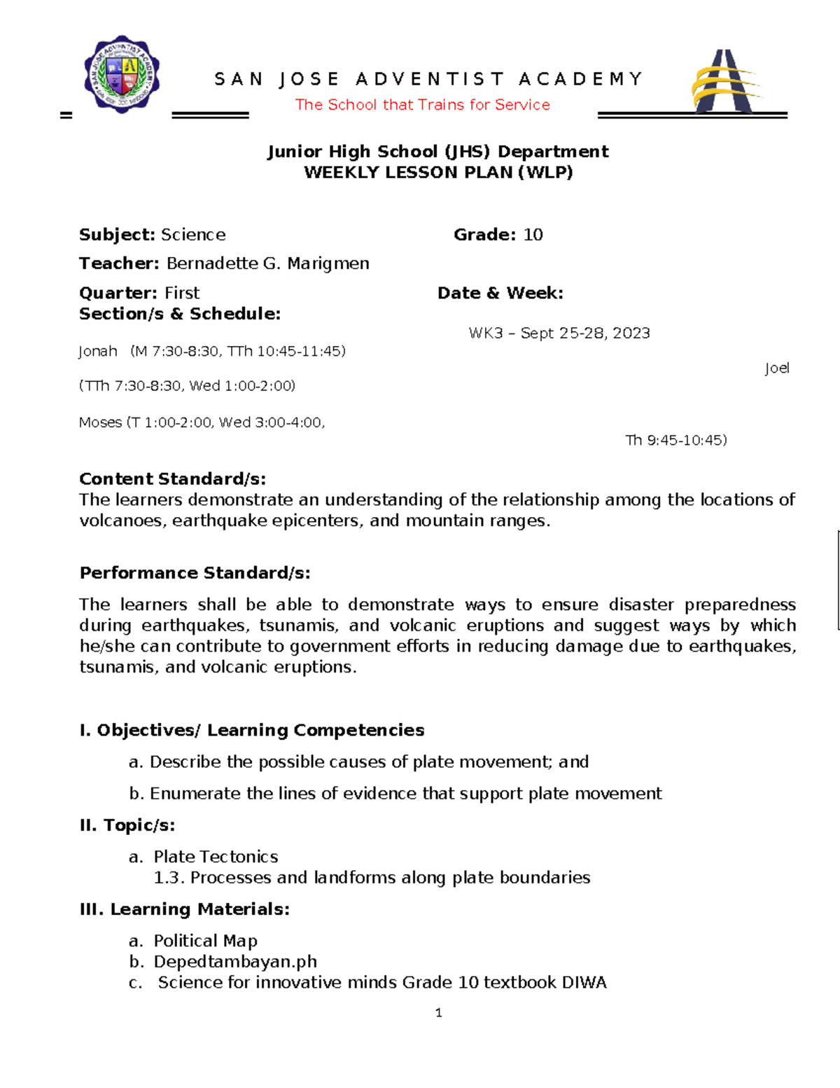 WEEK 4 - Junior High School (JHS) Department WEEKLY LESSON PLAN (WLP ...