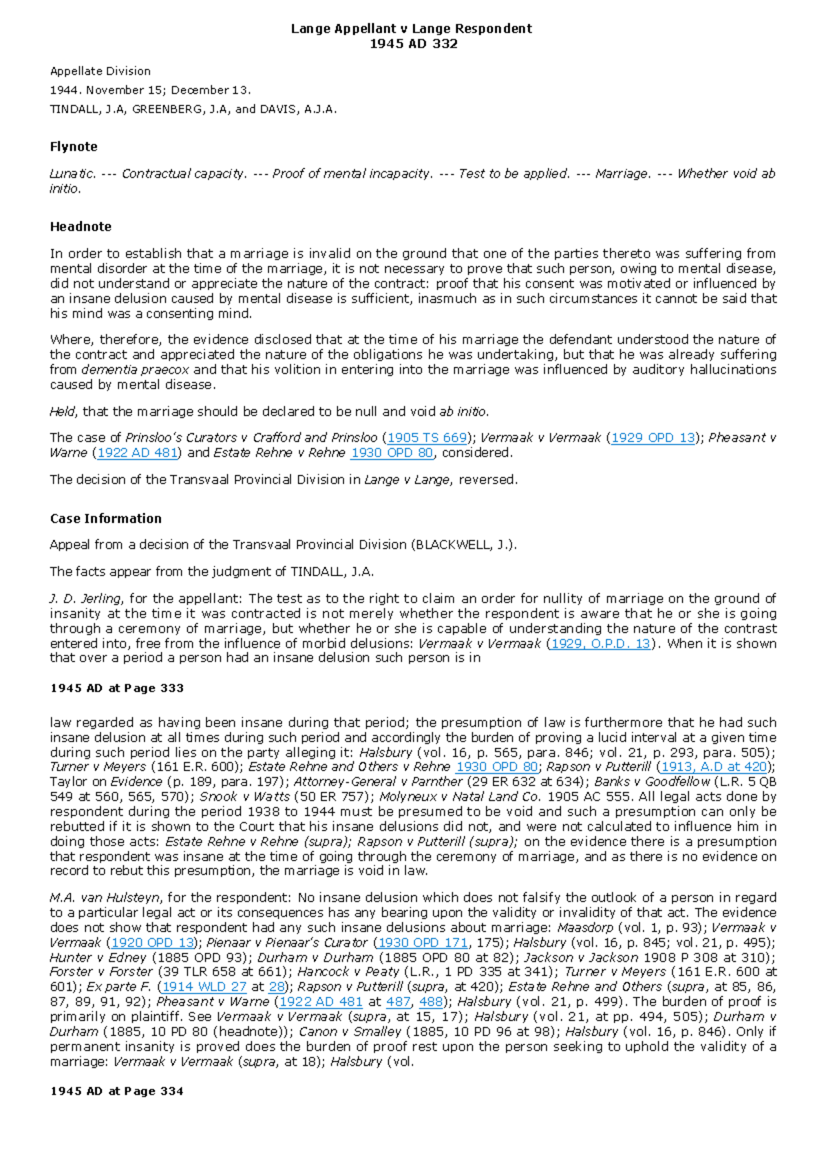 Lange Appellant v Lange Respondent 1945 AD 332 - TINDALL, J, GREENBERG, J, and DAVIS, A.J ...