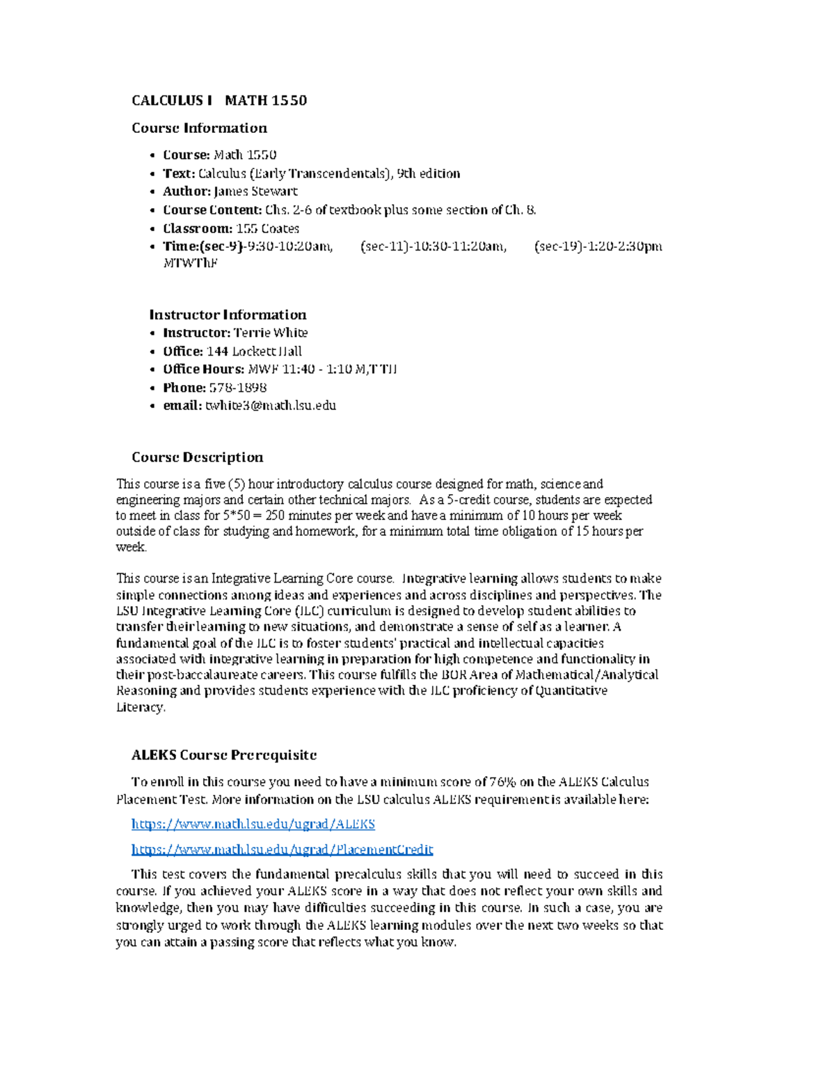 TW Syllabus 1550 Fall 2023 2 - CALCULUS I MATH 1550 Course Information ...