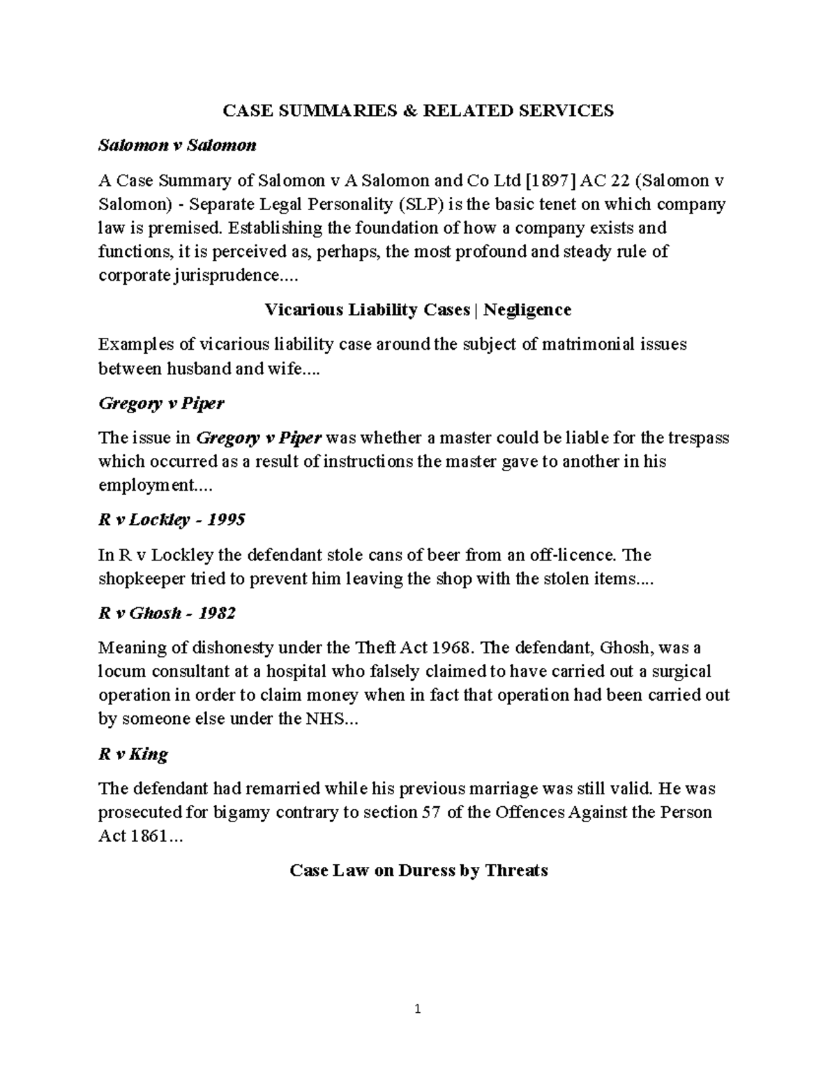 ALL Cases BY LAW Teacher - CASE SUMMARIES & RELATED SERVICES Salomon v ...