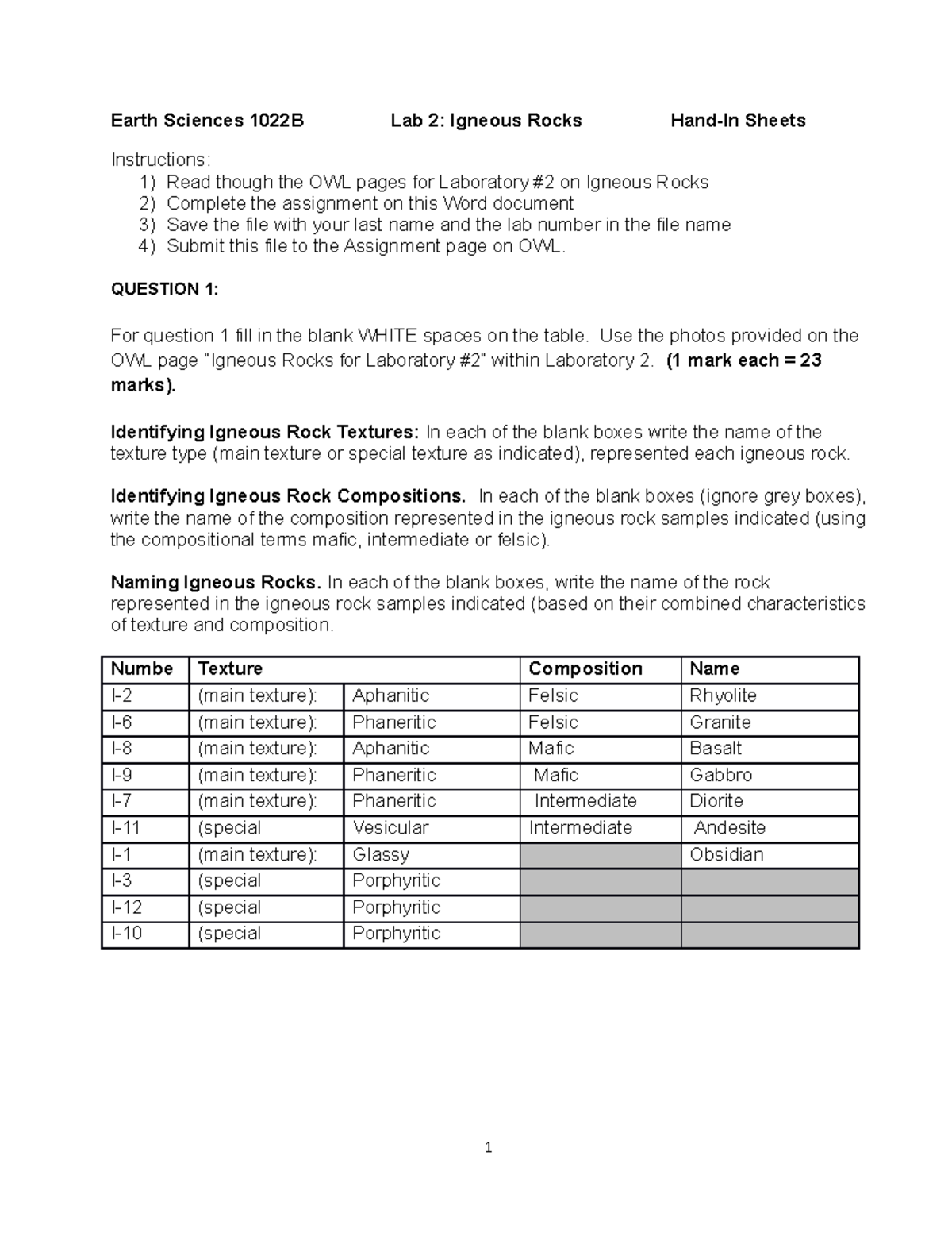 Lab2 earth rocks - Earth Sciences 1022B Lab 2: Igneous Rocks Hand-In ...