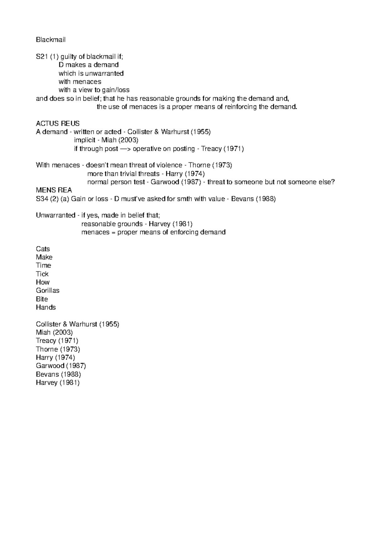 Blackmail - Lecture notes 5 - Blackmail S21 (1) guilty of blackmail if ...
