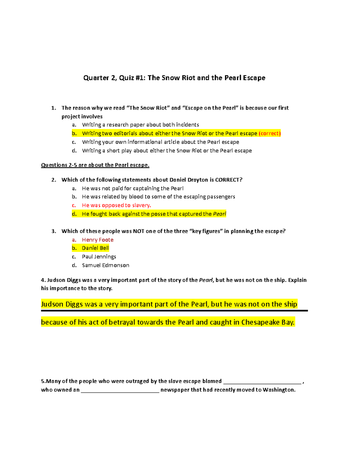 Snow riot and pearl escape quiz - Quarter 2, Quiz #1: The Snow Riot and ...