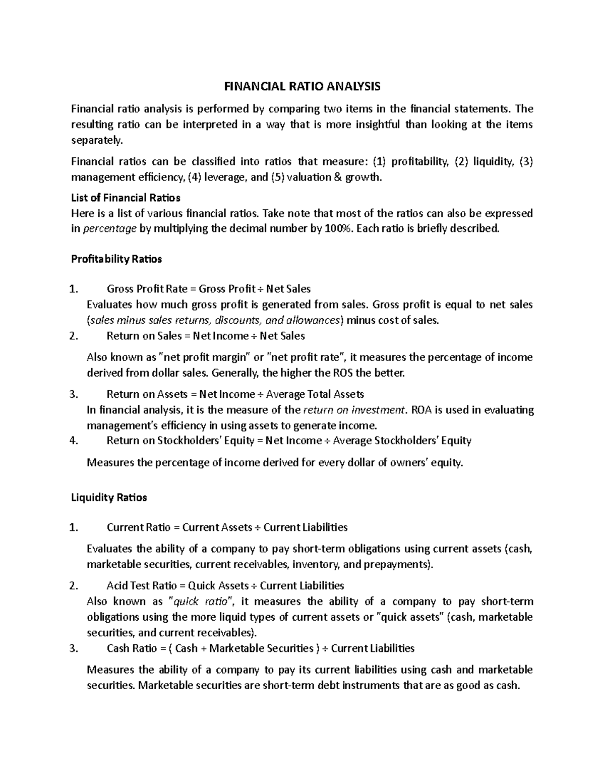 Financial Ratio Analysis - FINANCIAL RATIO ANALYSIS Financial ratio ...