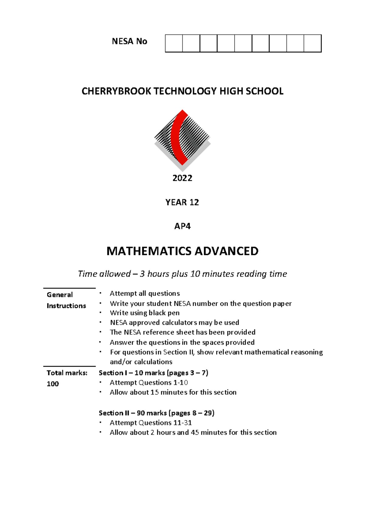 2022 Year 12 Mathematics Advanced AP4 - NESA No CHERRYBROOK TECHNOLOGY ...