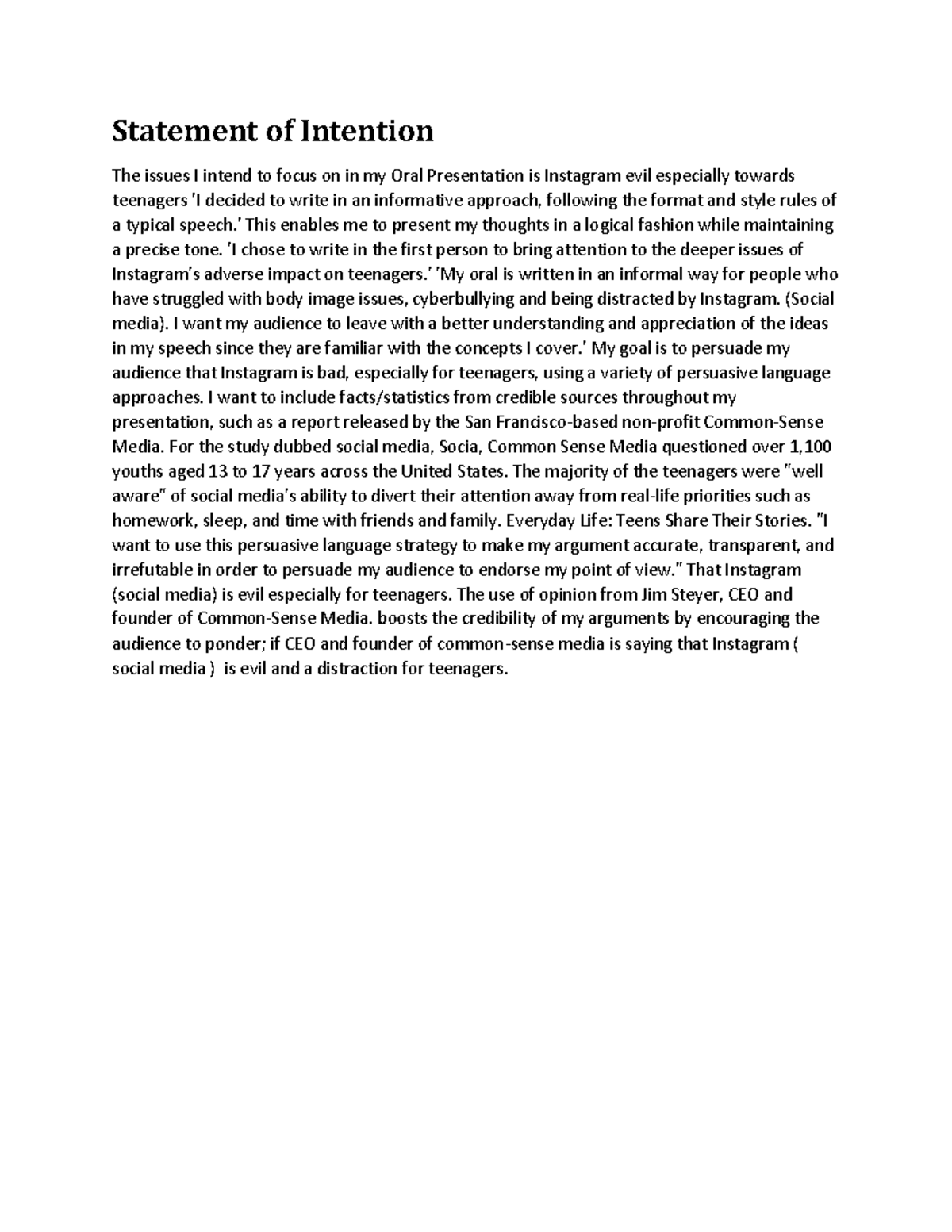 Statment of intention - simple explanition for oral sac - Statement of ...