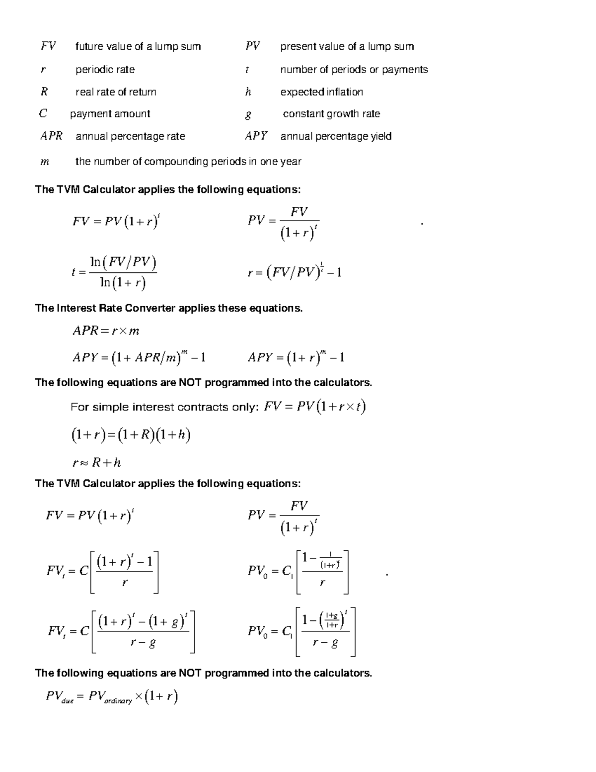 Exam Two Equations - FV future value of a lump sum PV present value of ...
