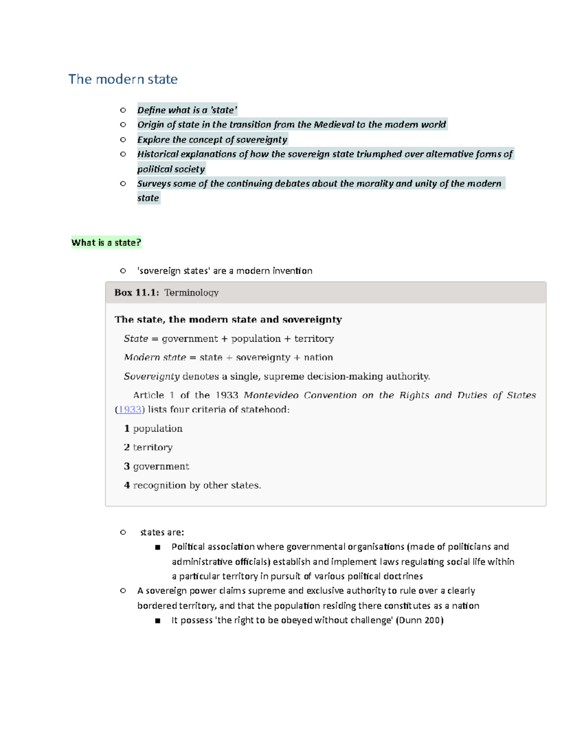 11. The modern state - Lecture notes wk - The modern state Define what ...