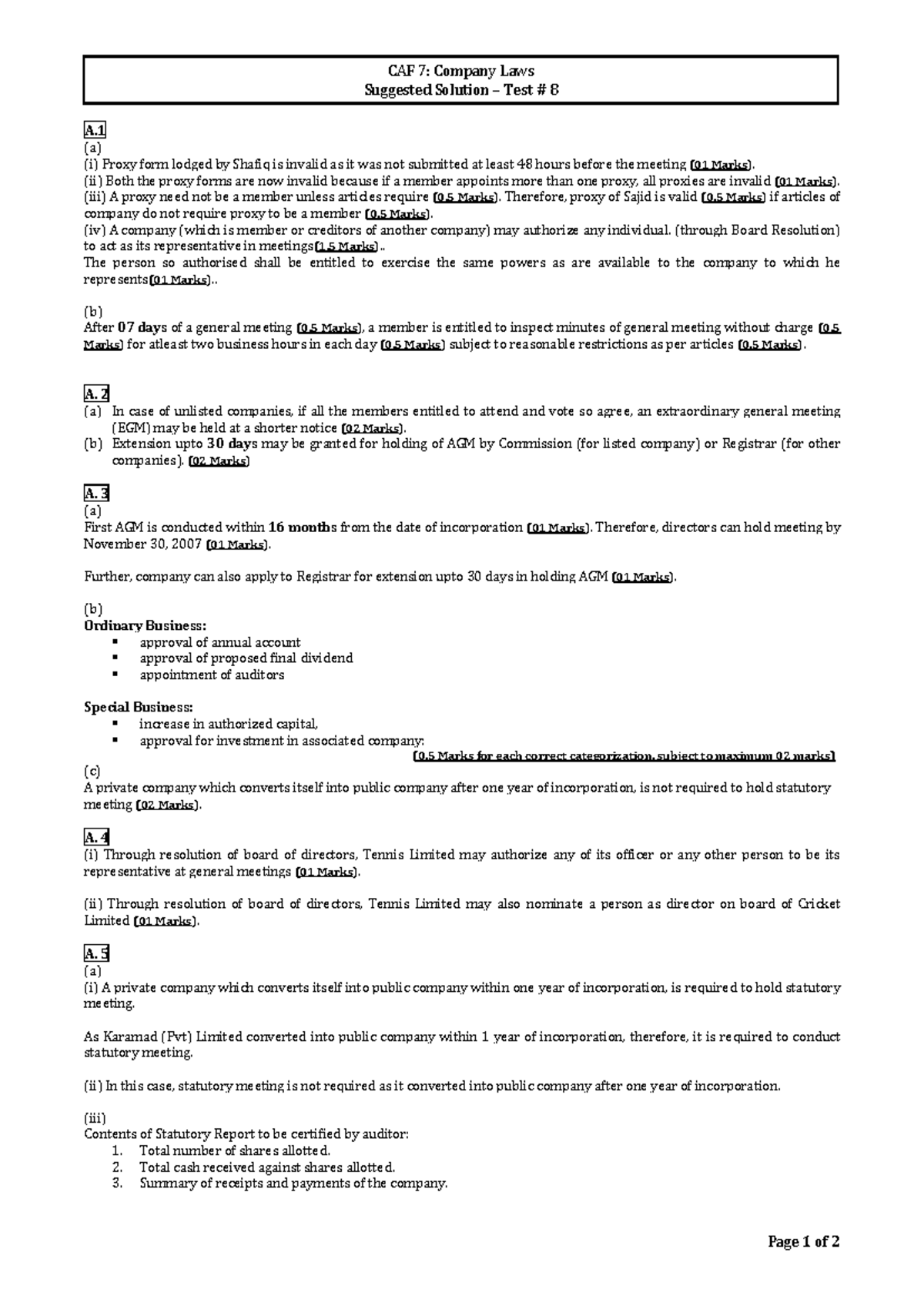 Test 8 - Suggested Solution - CAF 7: Company Laws Suggested Solution ...