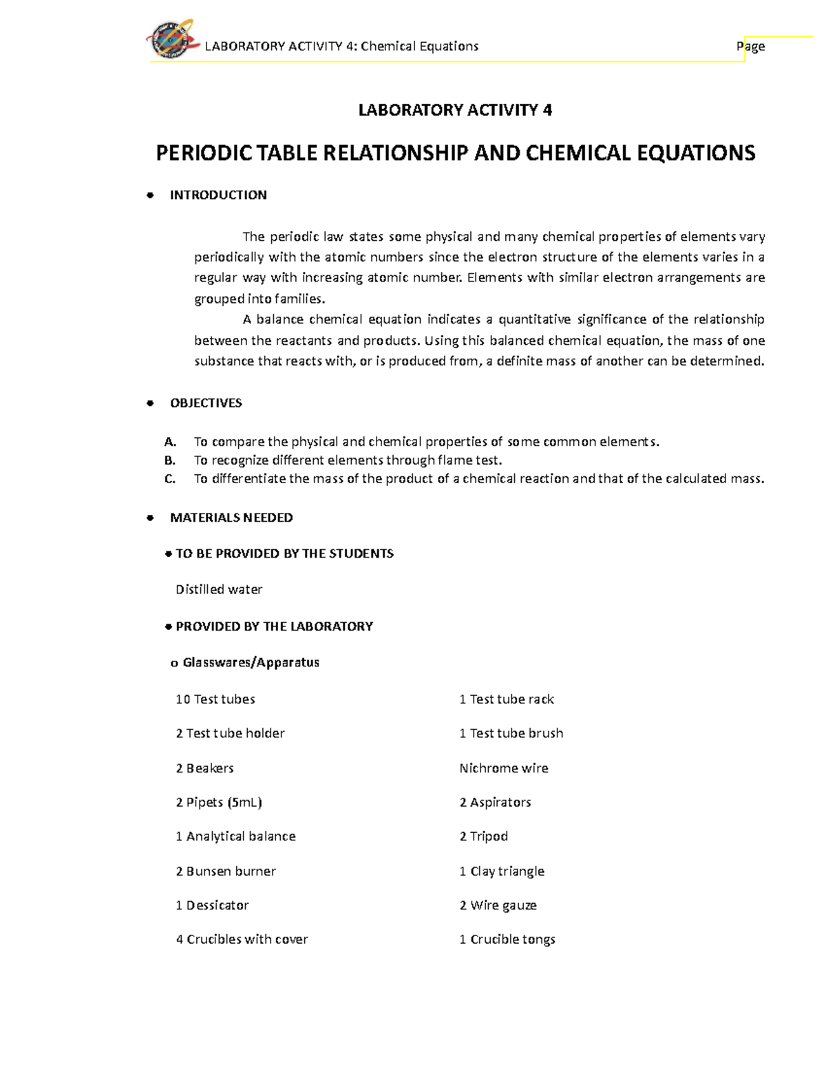 Lab Manual Exp3 - Chemistry Activity - Experiment - LABORATORY ACTIVITY ...