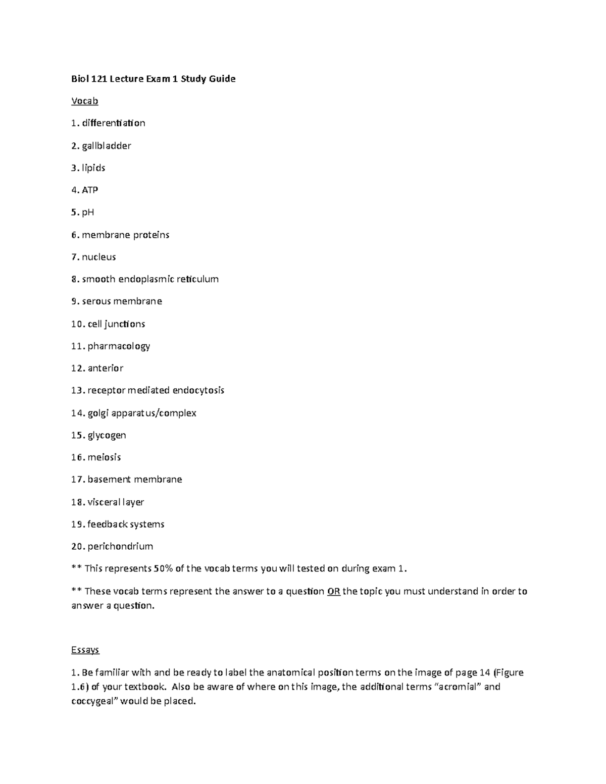Biol 121 LE1 Study Guide - Biol 121 Lecture Exam 1 Study Guide Vocab differentiation gallbladder ...
