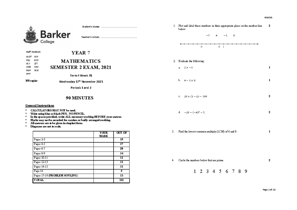 SEMESTER 2 EXAM - YEAR 7 MATHEMATICS SEMESTER 2 EXAM, 20 21 350 copies ...