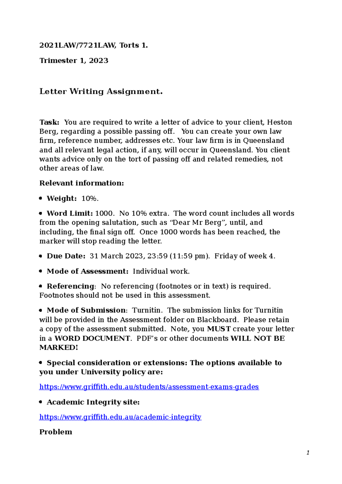 Torts 1 2023 Letter Writing Assignment-1 - 2021LAW/7721LAW, Torts 1. Trimester 1, 2023 Letter ...