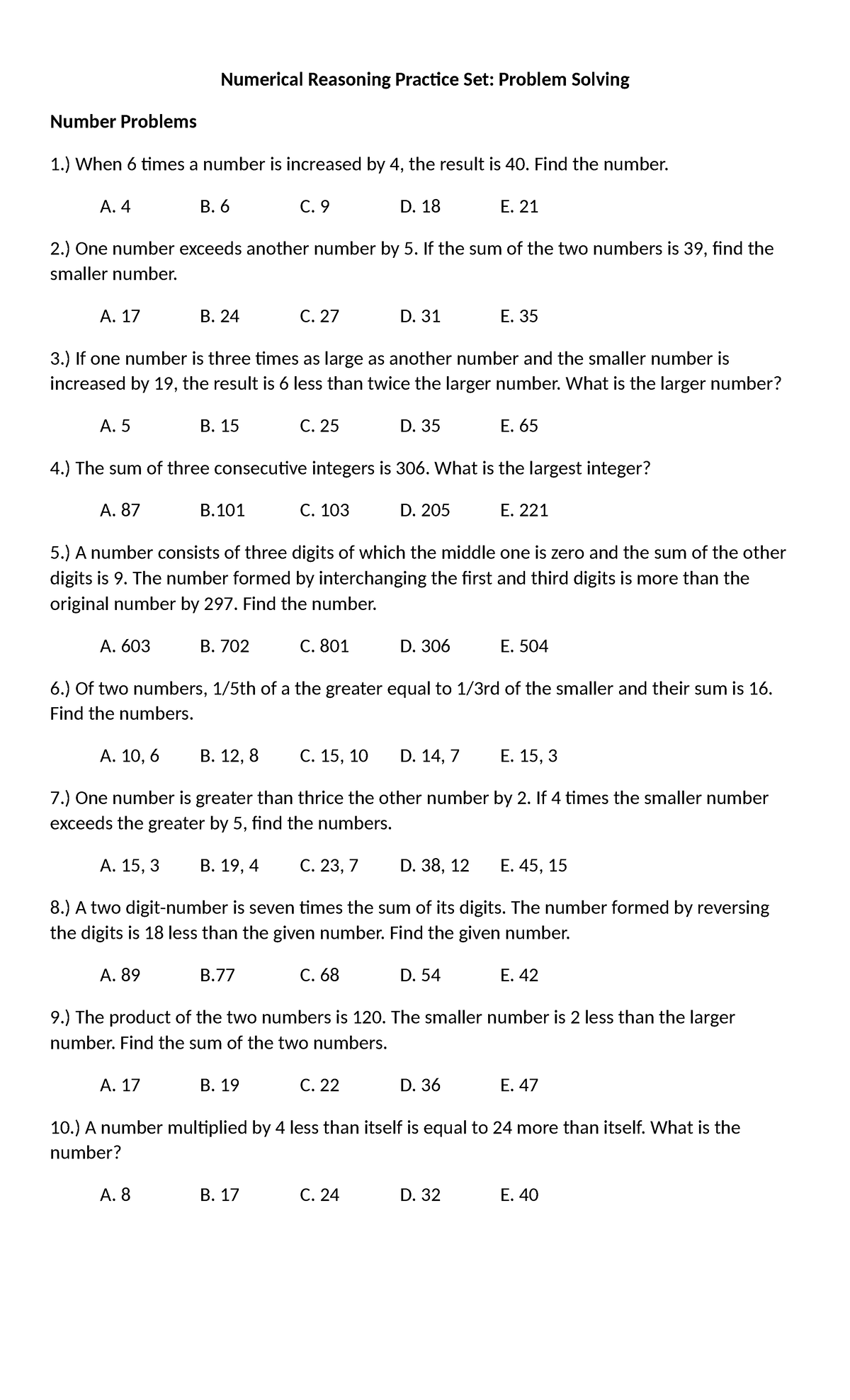 Numerical Reasoning Practice Set Problem Solving When 6 Times A