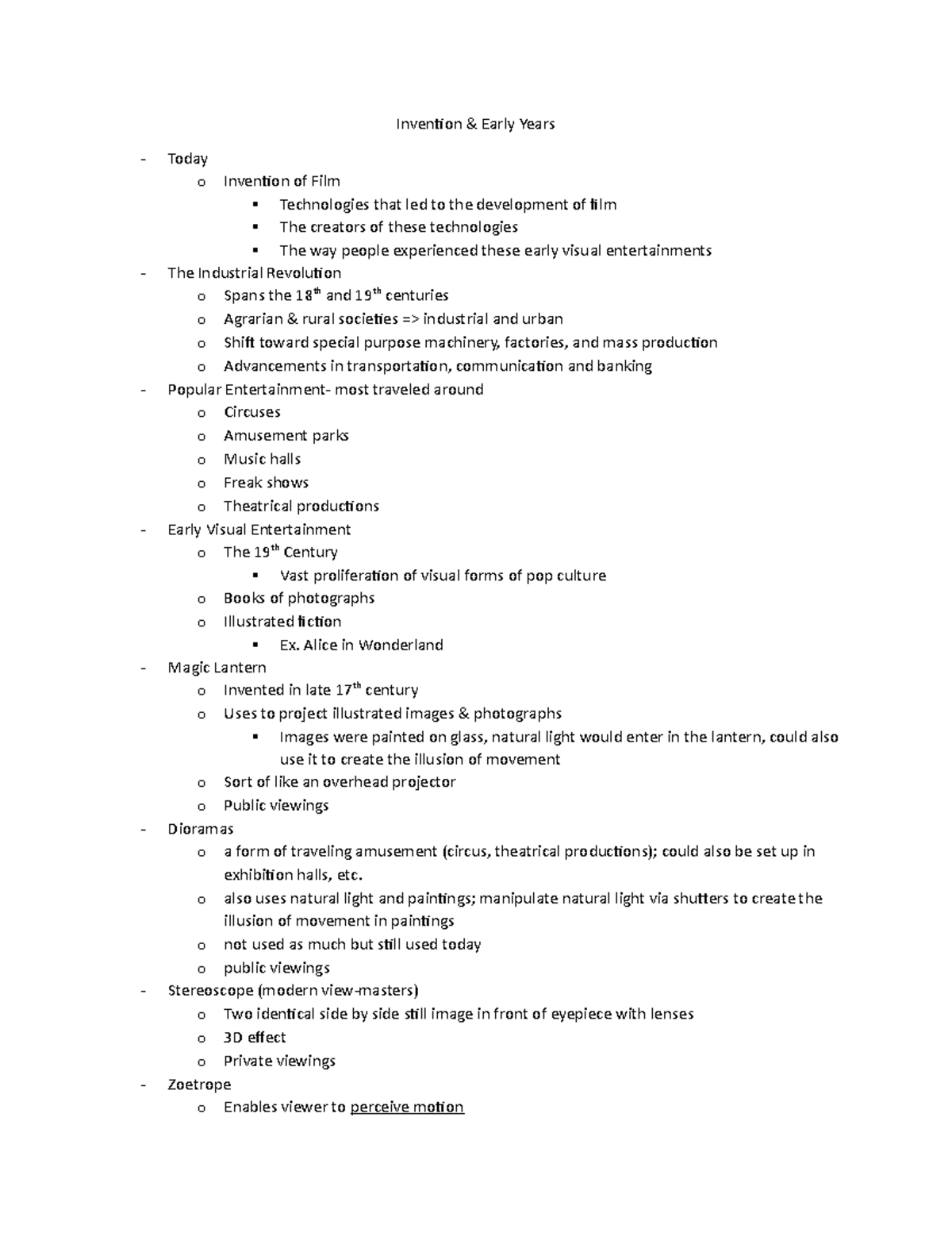 1 - Lecture notes 1 - Invention Early Years Today o Invention of Film ...