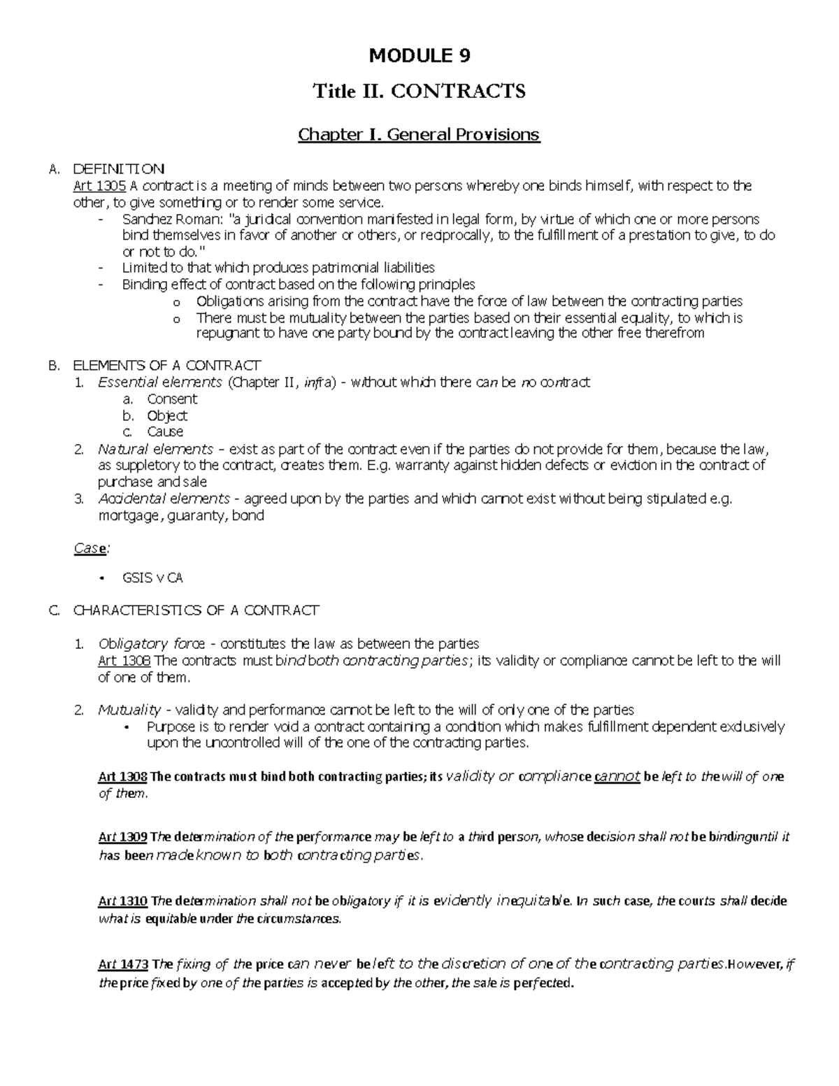 Module-9-pdf - ganda to guys - MODULE 9 Title II. CONTRACTS Chapter I ...