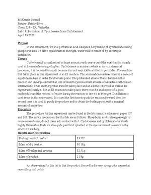 Chem Experiment 6 Lab Report - McKenzie Schmid Partner: Natalie Rojo Chem 253 – TA: Vishakha Lab ...