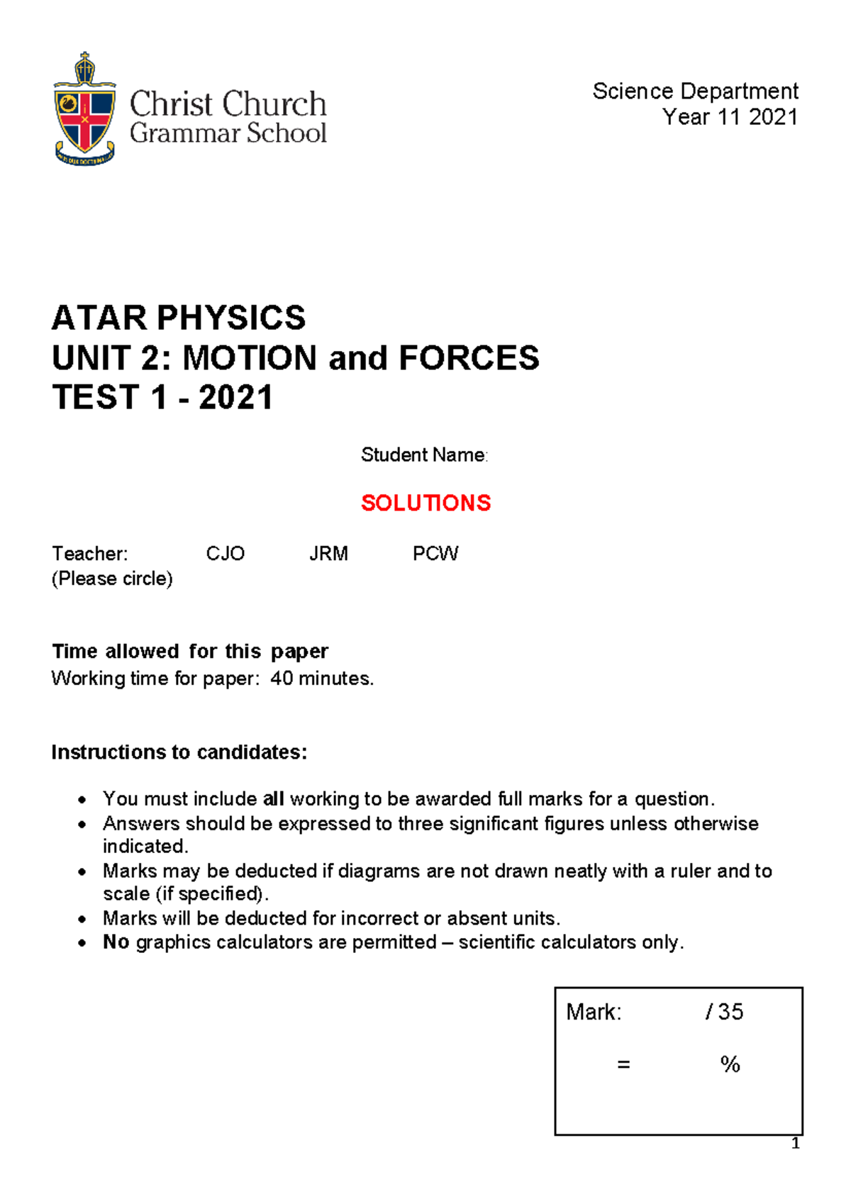 Yr 11 Motion Test 1 2021-S - Science Department Year 11 2021 ATAR ...