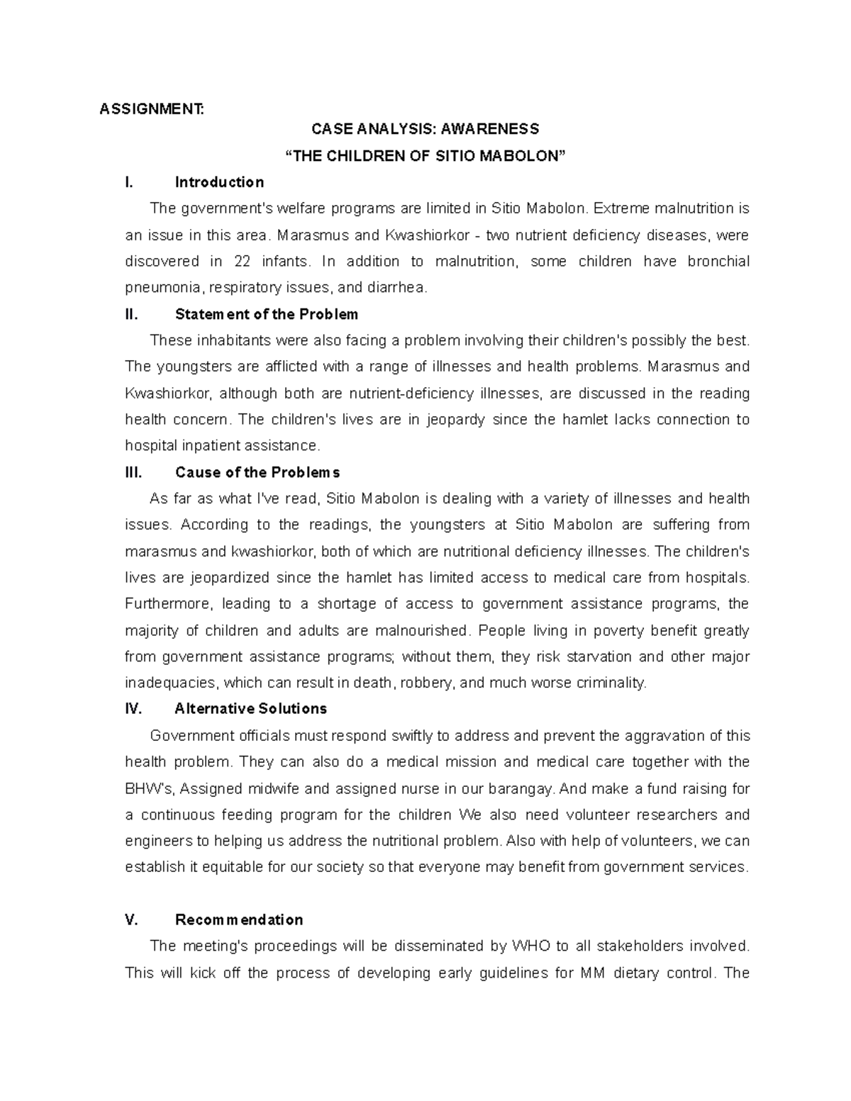 Case analysis - ASSIGNMENT: CASE ANALYSIS: AWARENESS “THE CHILDREN OF ...