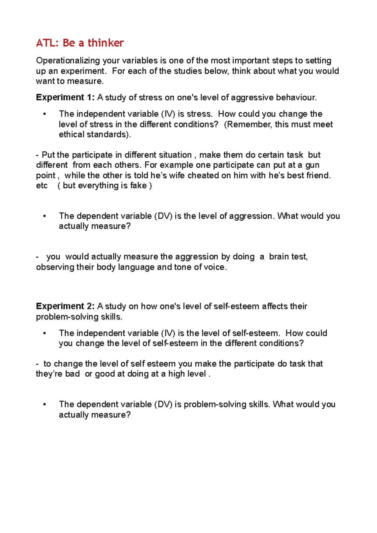 ATL: Be a thinker - ATL: Be a thinker Operationalizing your variables ...