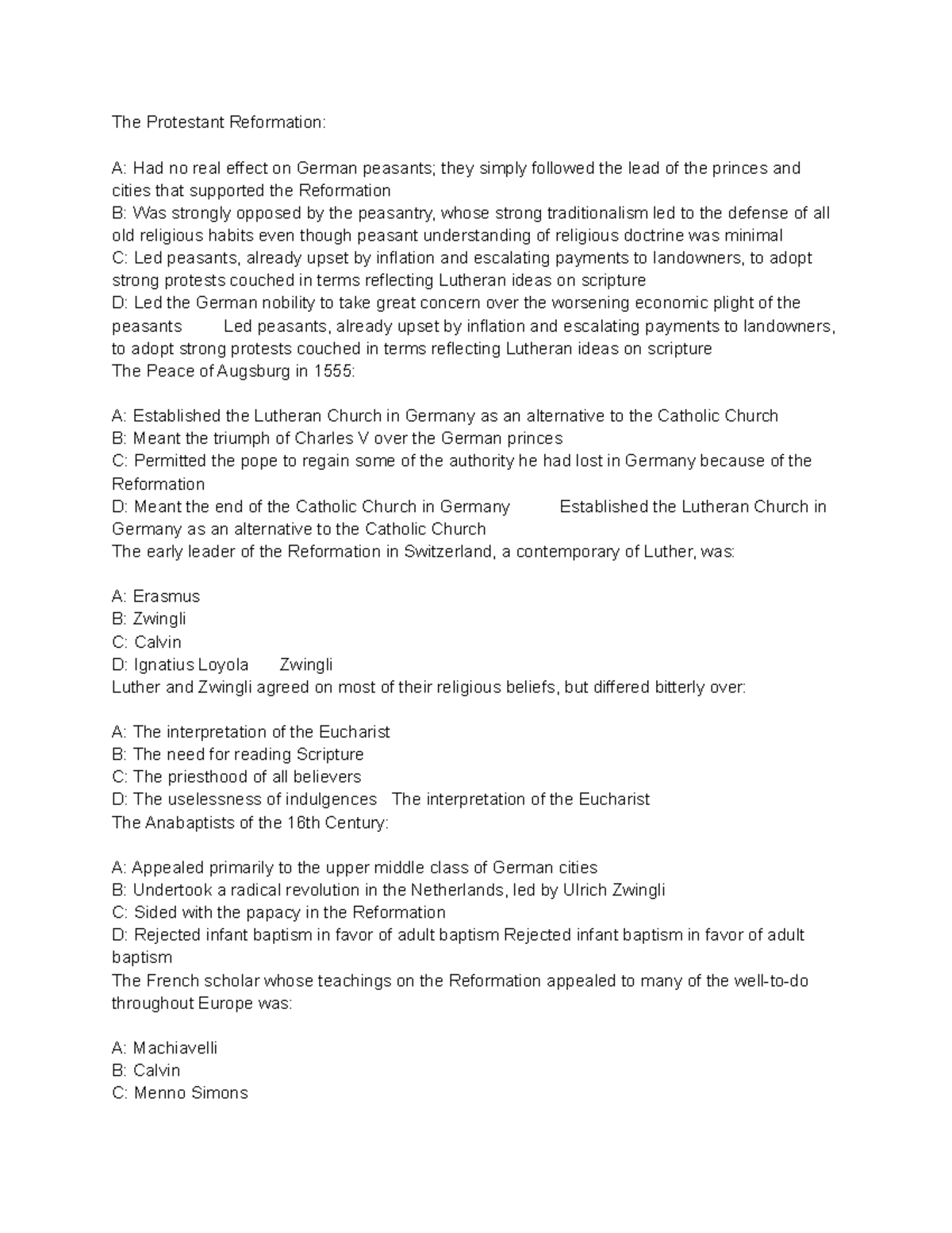 History 150- Zhuk - test 3 answers - The Protestant Reformation: A: Had ...