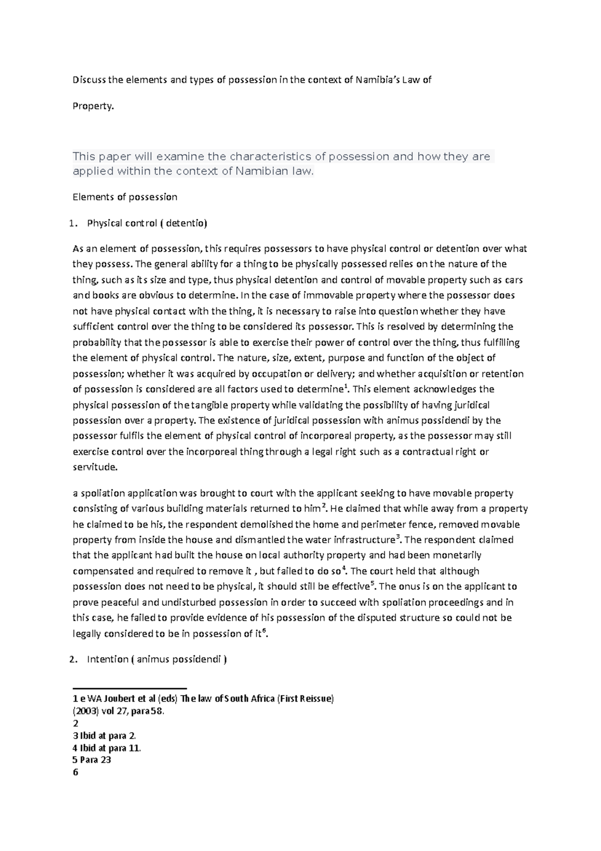 Discuss the elements and types of possession in the context of Namibia ...