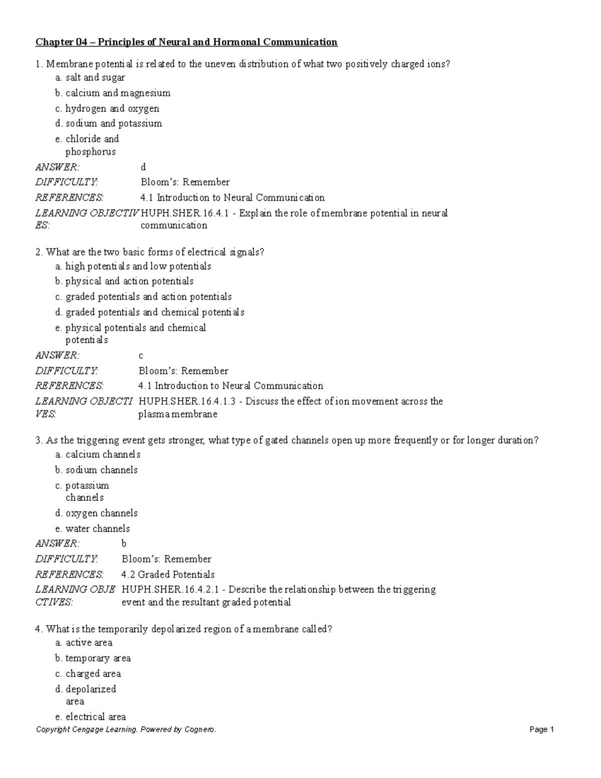 Chapter 04 Principles of Neural and Hormonal Communication - Membrane ...
