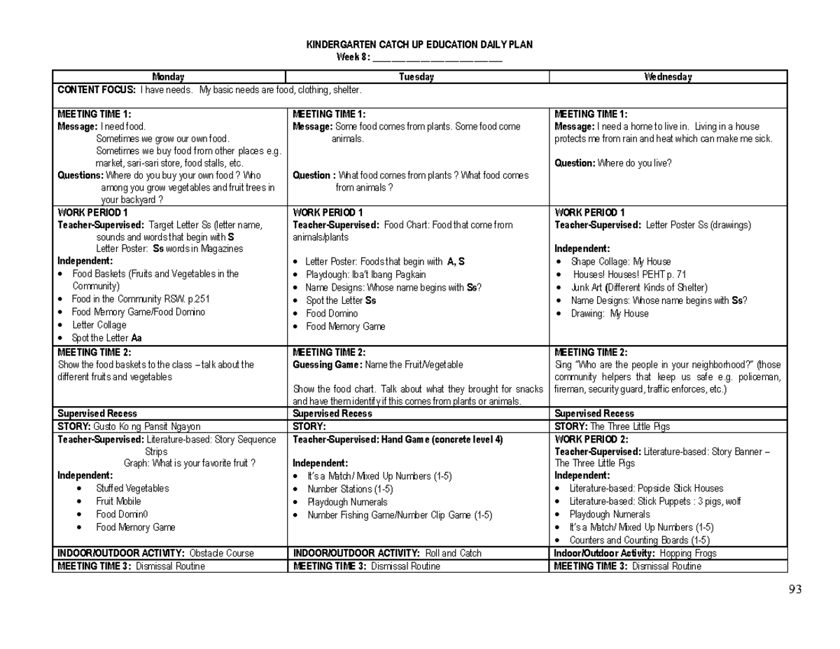 Kindergarten Lesson Plan Week 8 - KINDERGARTEN CATCH UP EDUCATION DAILY ...