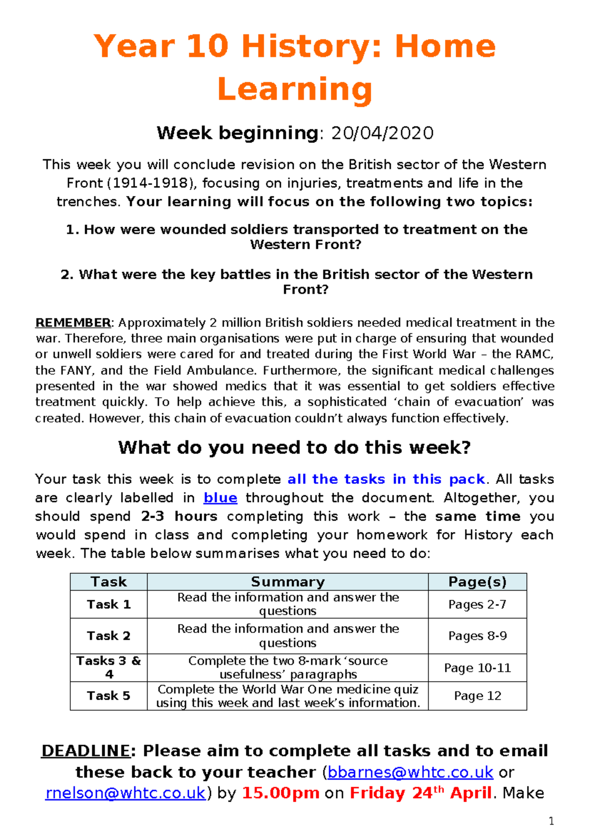 10Hi2-S WW1 Medicine Tasks (20-04-2020) - Year 10 History: Home ...