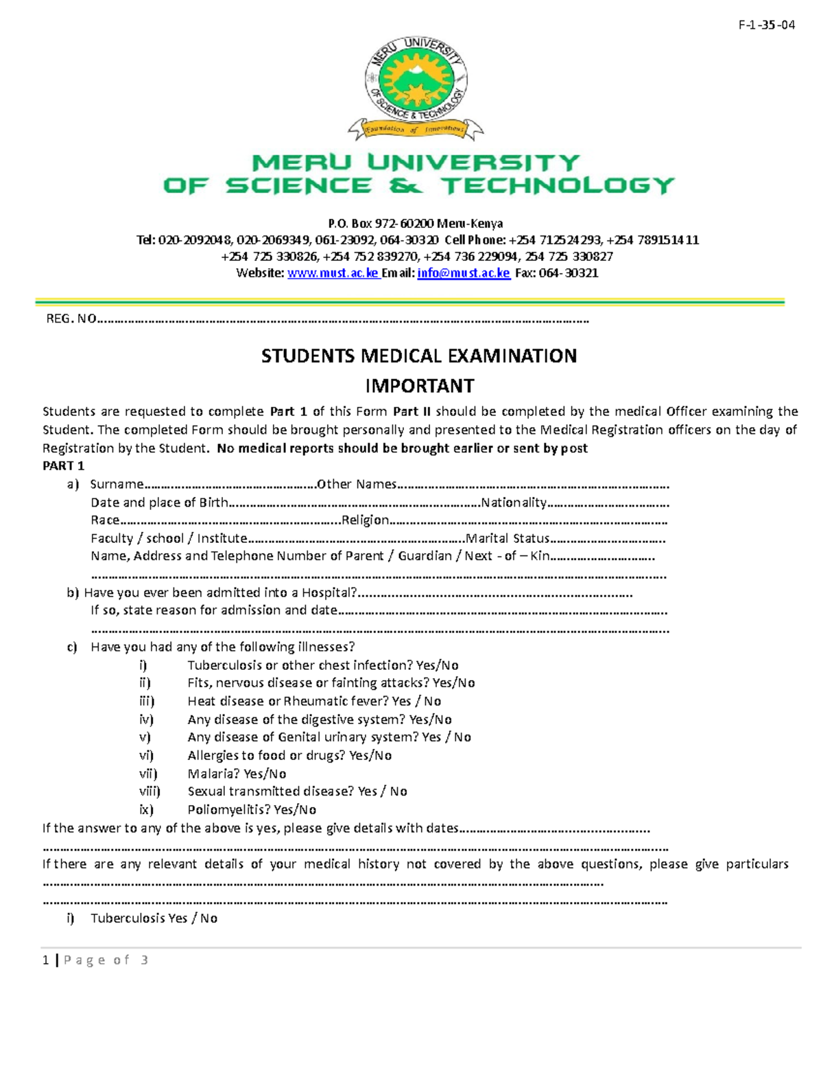 F 1 35 04 medical form - 1 | P a g e o f 3 F-1-35- P. Box 972-60200 ...