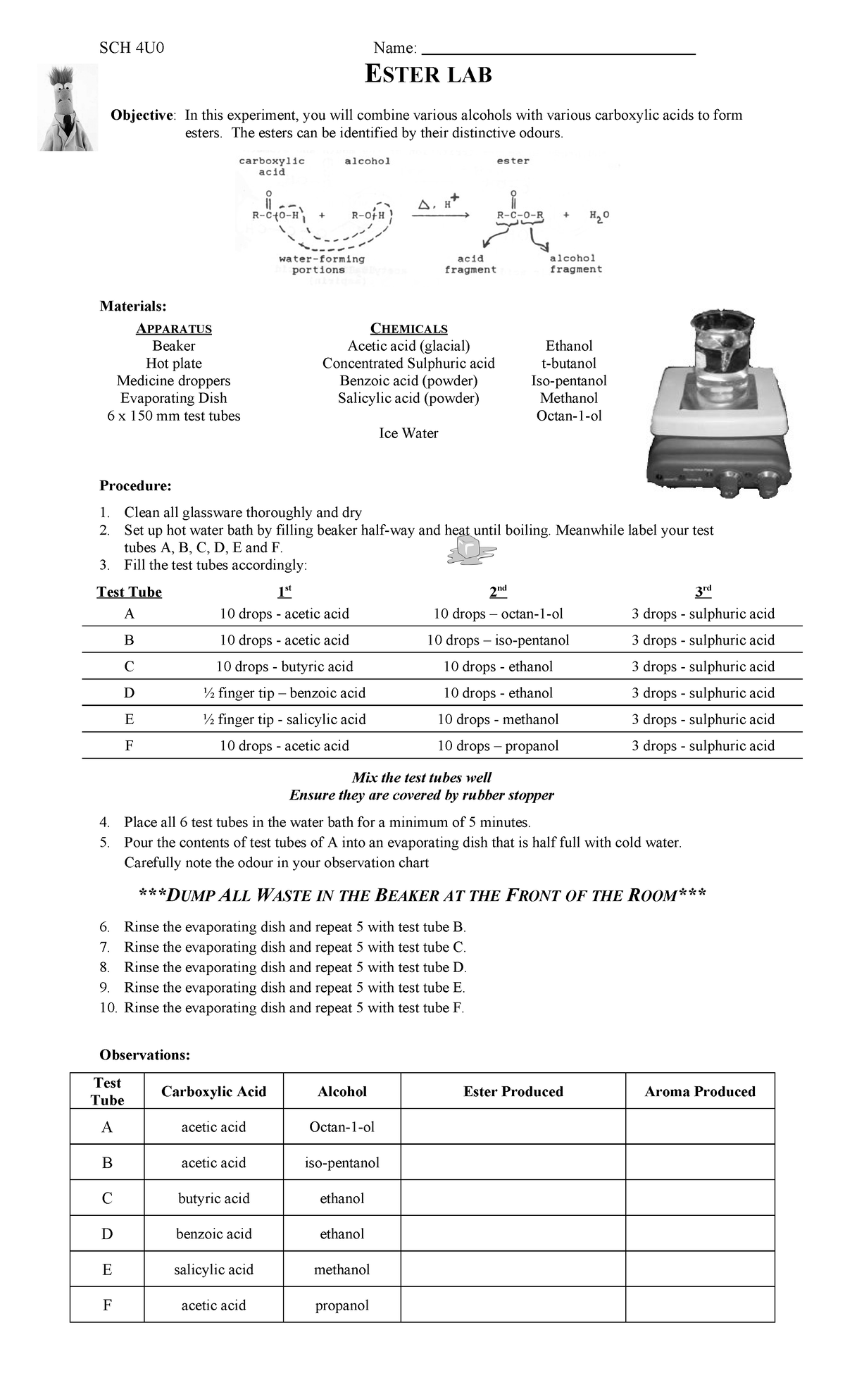 31 - Ester Lab (s2024) - n/a - SCH 4U0 Name: ESTER LAB Objective: In ...