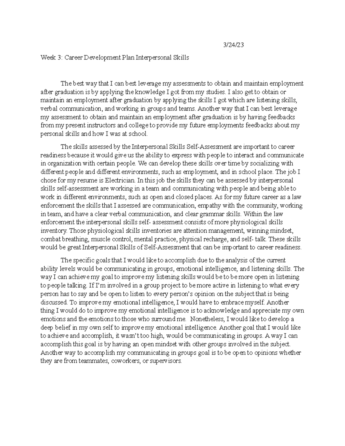 Week 3 Career Development Interpersonal Skills Project - 3/24/ Week 3 ...