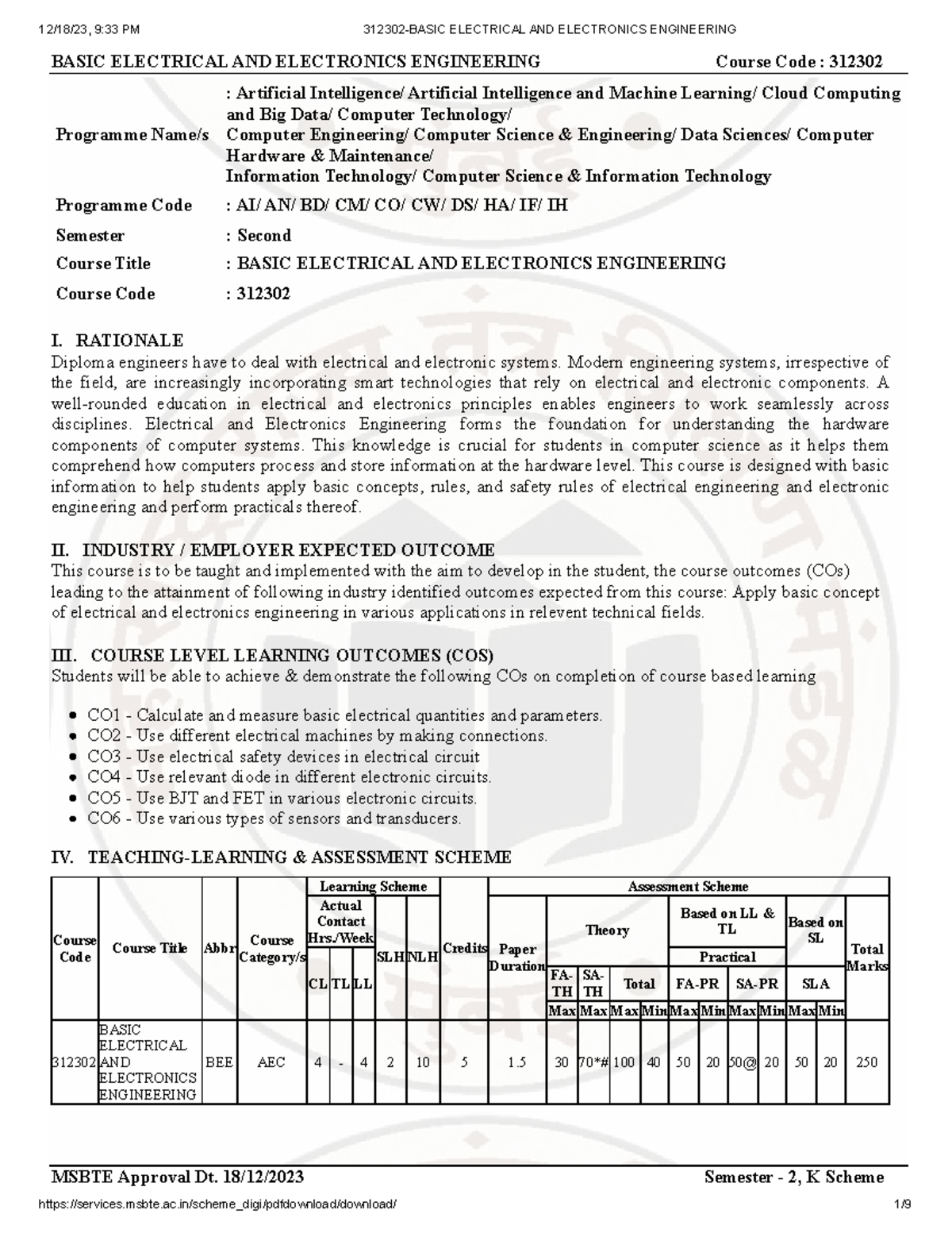 312302 Basic Electrical AND Electronics Engineering - BASIC ELECTRICAL ...
