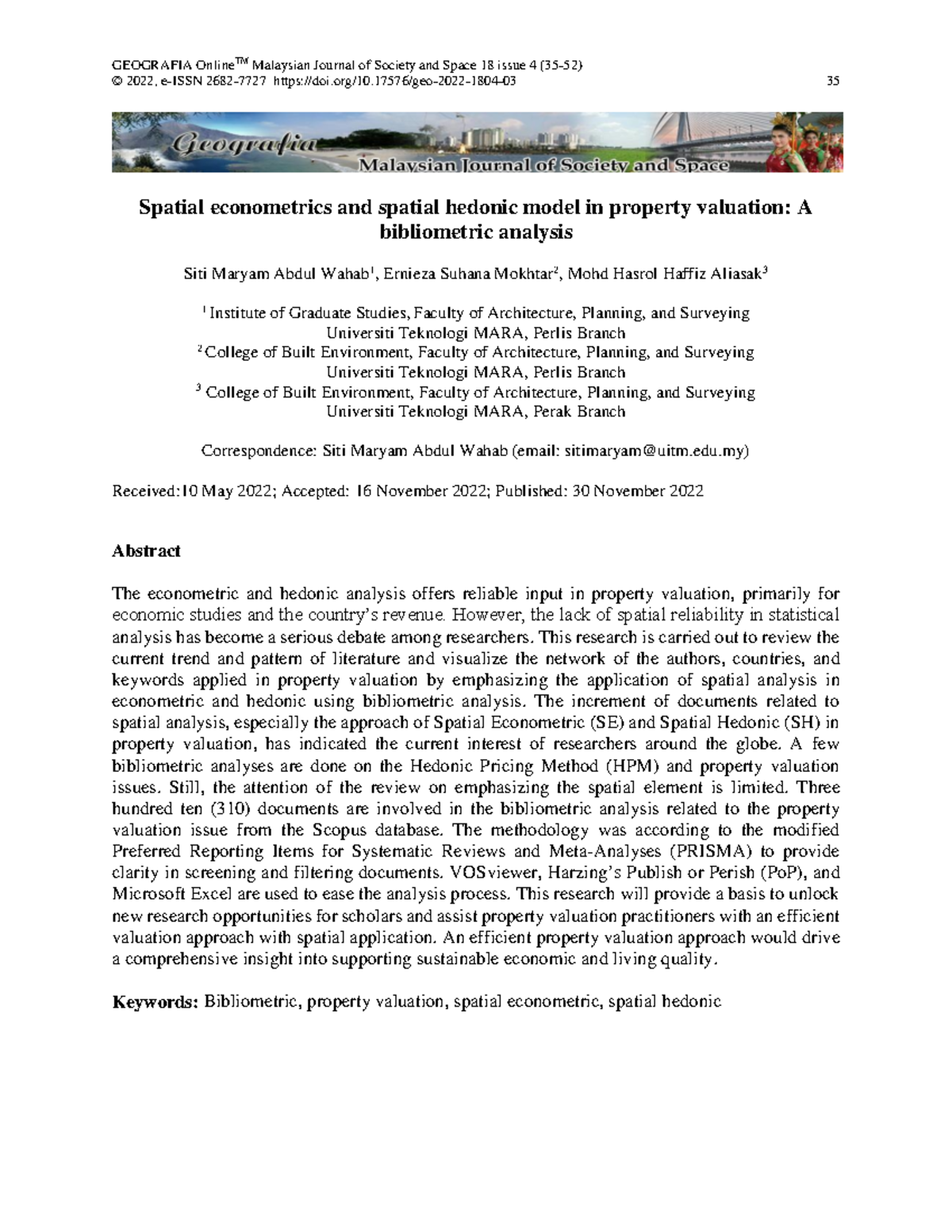 Spatial econometrics and spatial hedonic - © 2022, e-ISSN 2682-7727 doi ...