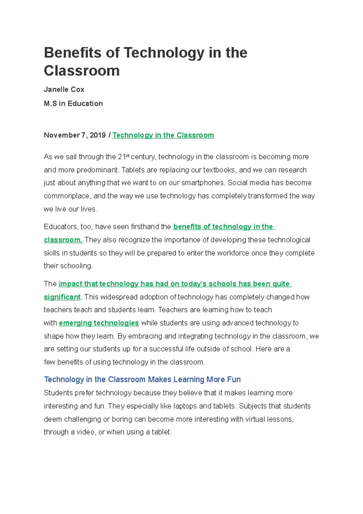 Benefits of Technology in the Classroom - Fundamentals of Information ...