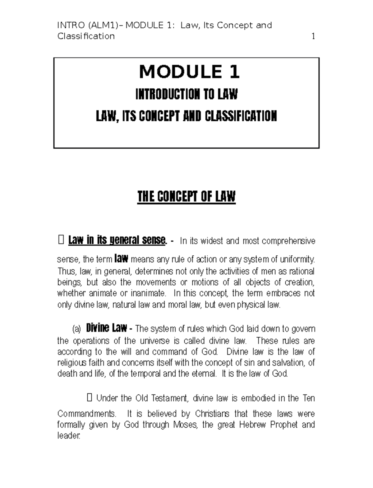 Module 1 Concept OF LAW - law practice - Classification 1 MODULE 1 ...