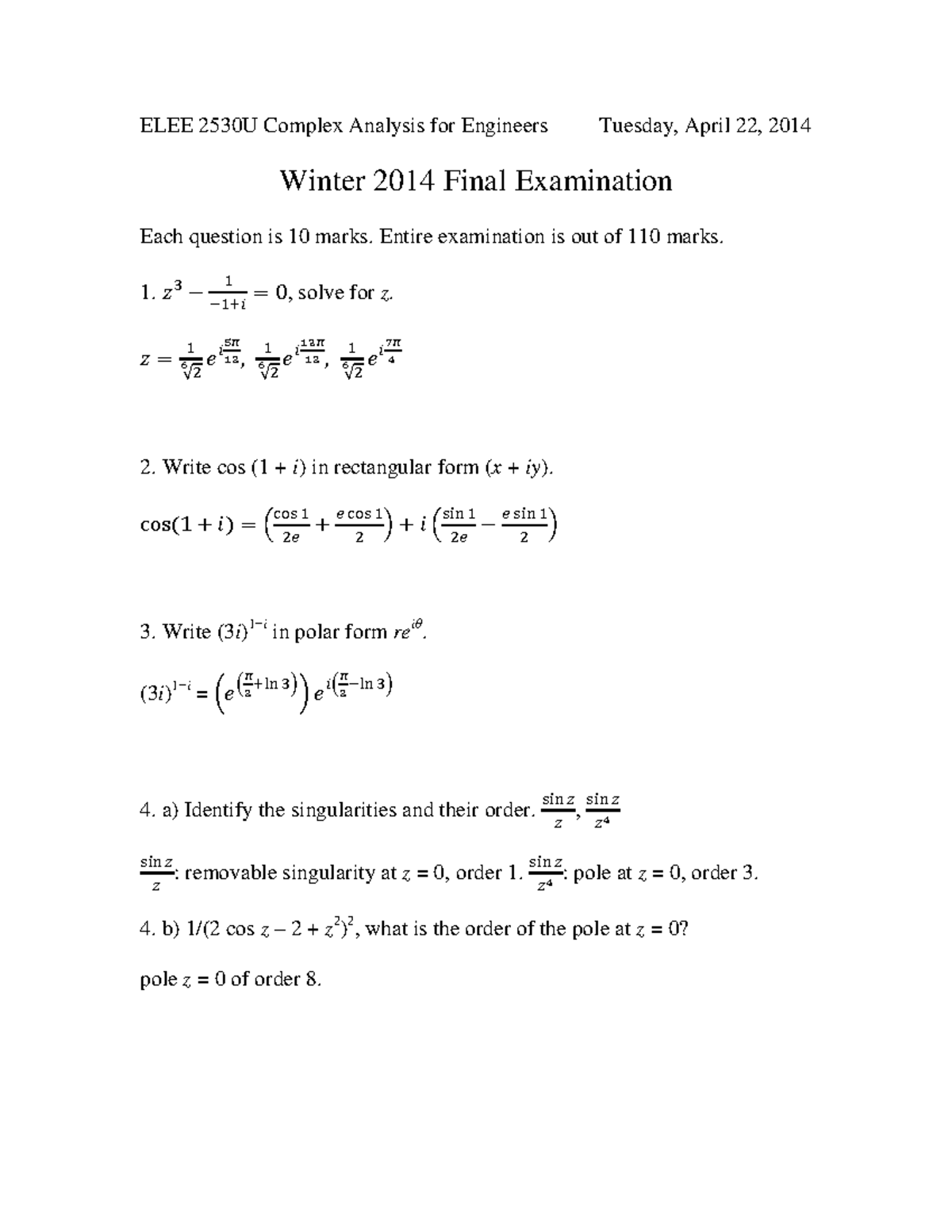 Exam 22 April 2014, questions - Final Exam 2014 - ELEE 2530U Complex ...