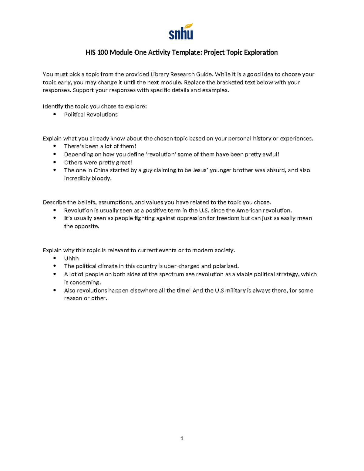 Mod One Project One - HIS 100 Module One Activity Template: Project ...