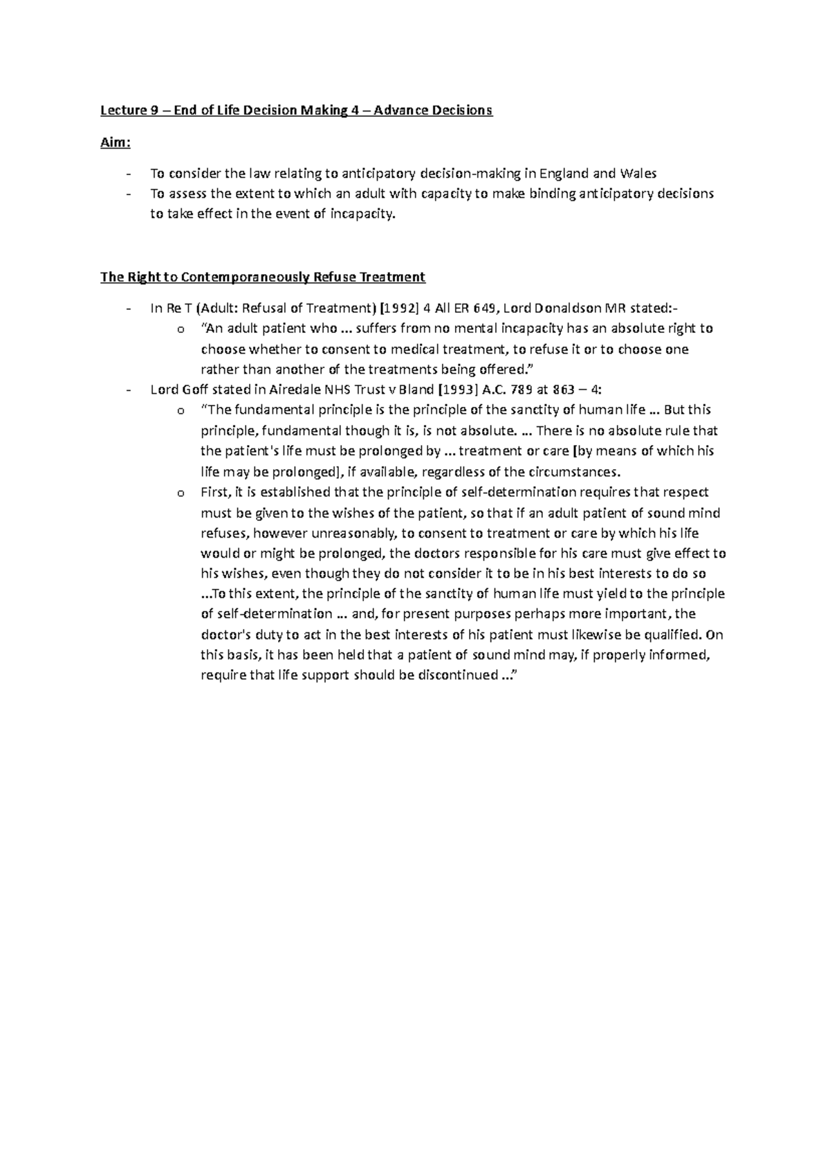 Lecture 9 – End of Life Decision Making 4 – Advance Decisions - Lecture 9 – End of Life Decision ...