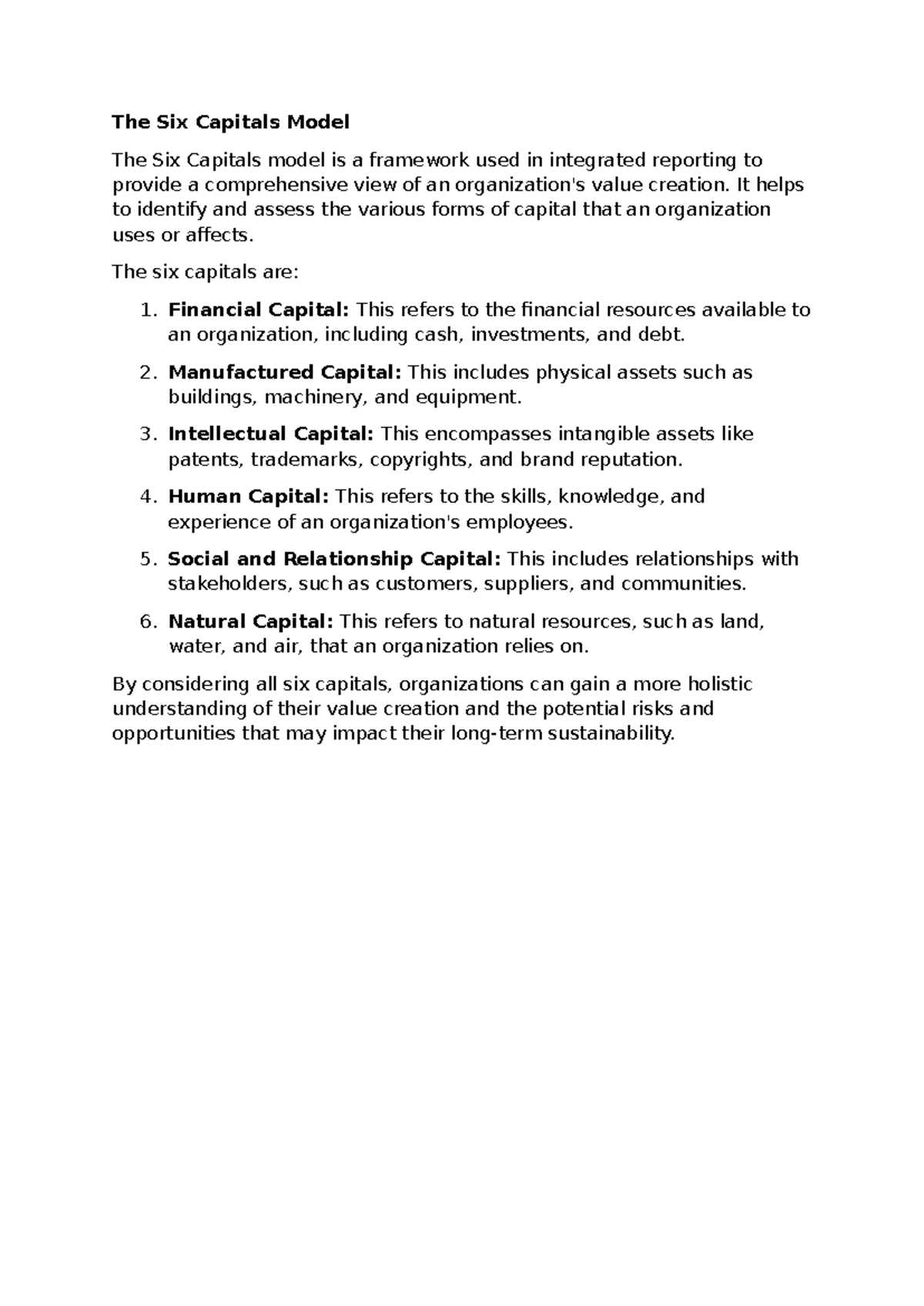The Six Capitals Model - It helps to identify and assess the various ...