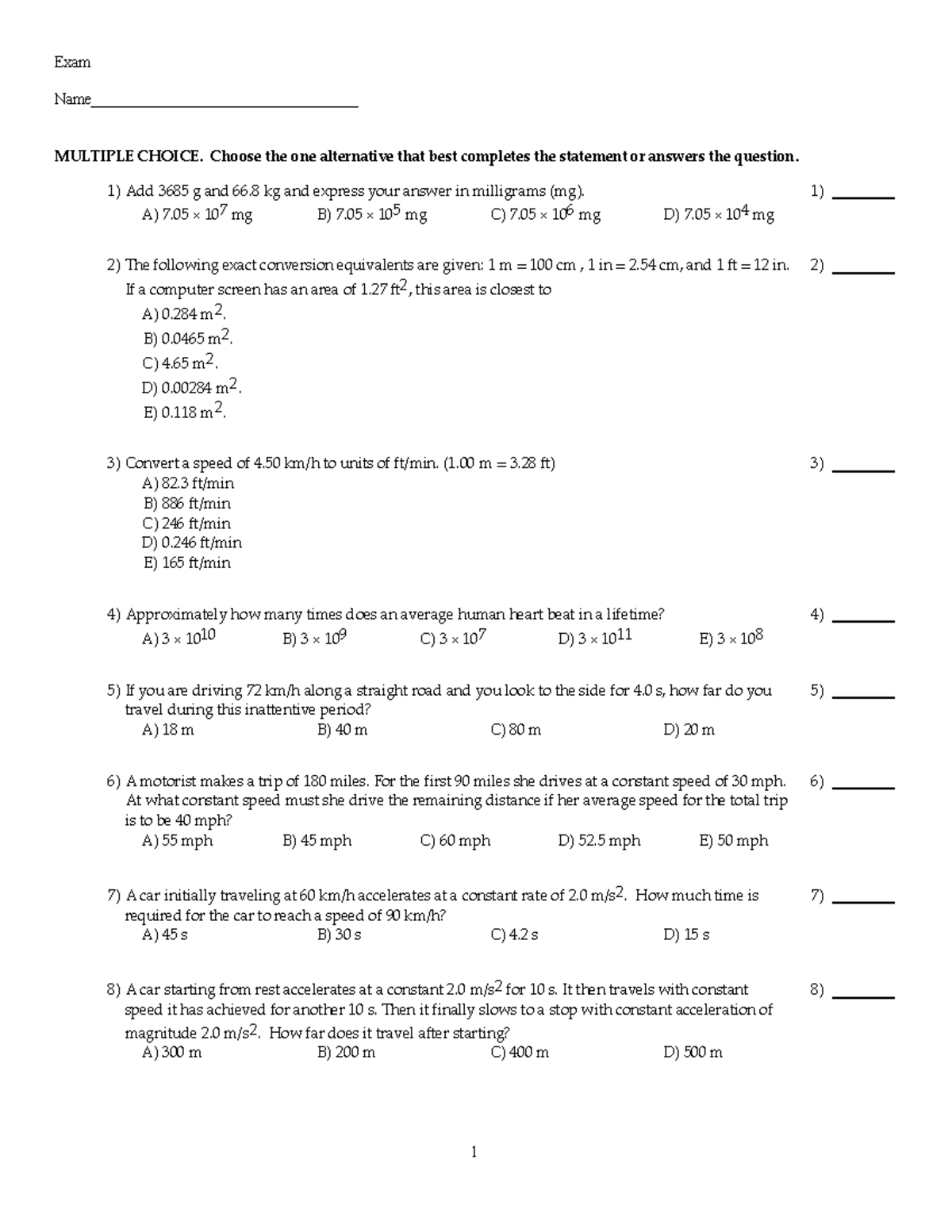 Physics test review - Exam Name ...