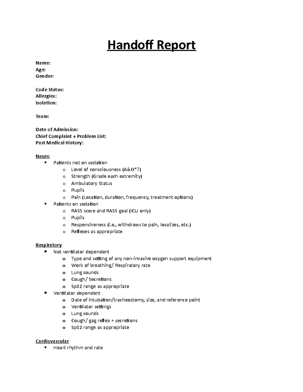 SBAR - Hand off Report - Handoff Report Name: Age: Gender: Code Status ...