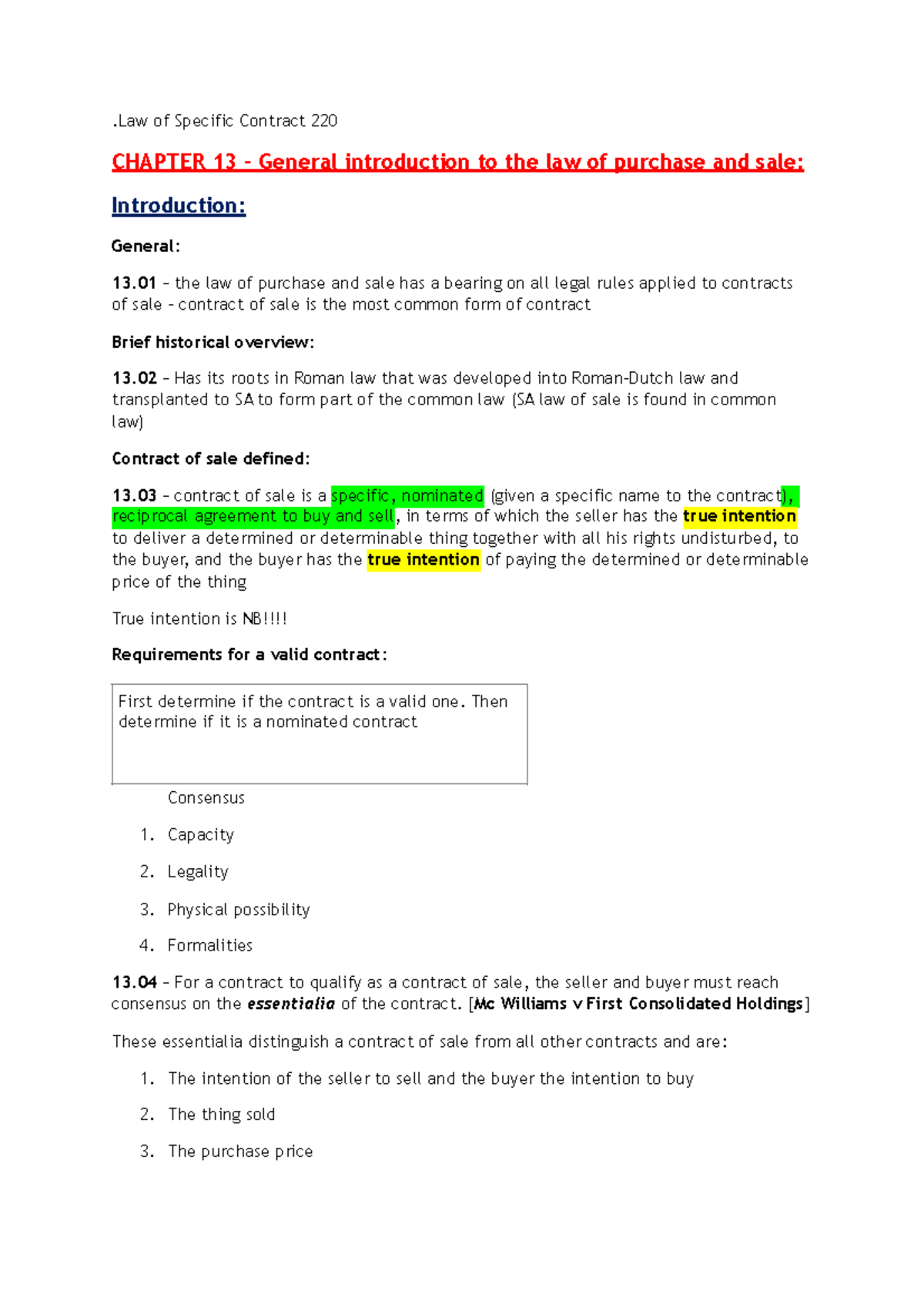Law of Specific Contract 220 Chapter 13 Notes - .Law of Specific ...