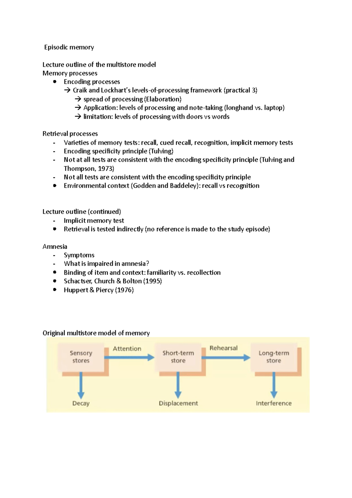 Epsiodic memory - Episodic memory Lecture outline of the multistore ...